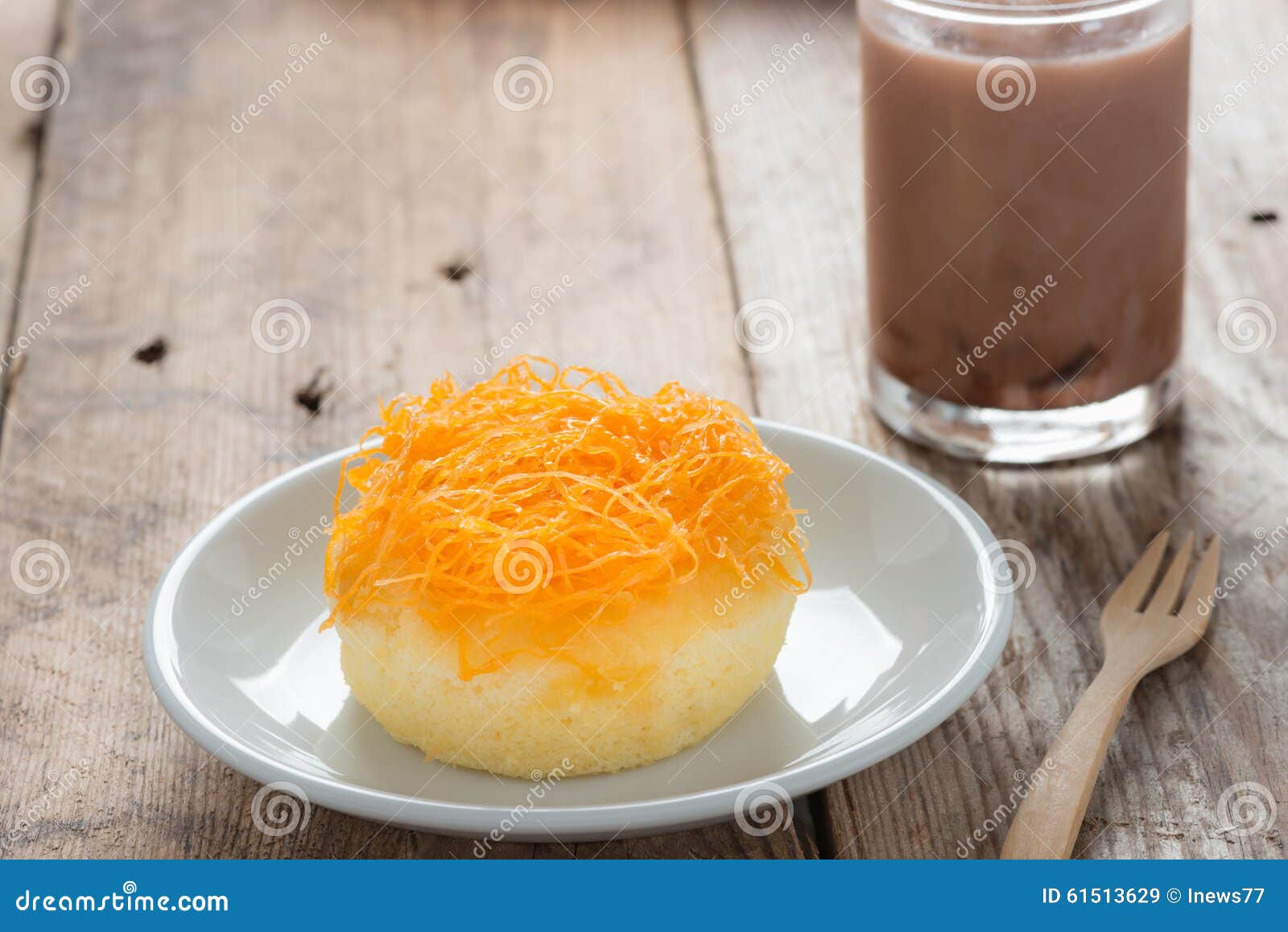 Foi Thong Cake with Cool Coco on Wood Table. Thai Dessert. Stock Image ...