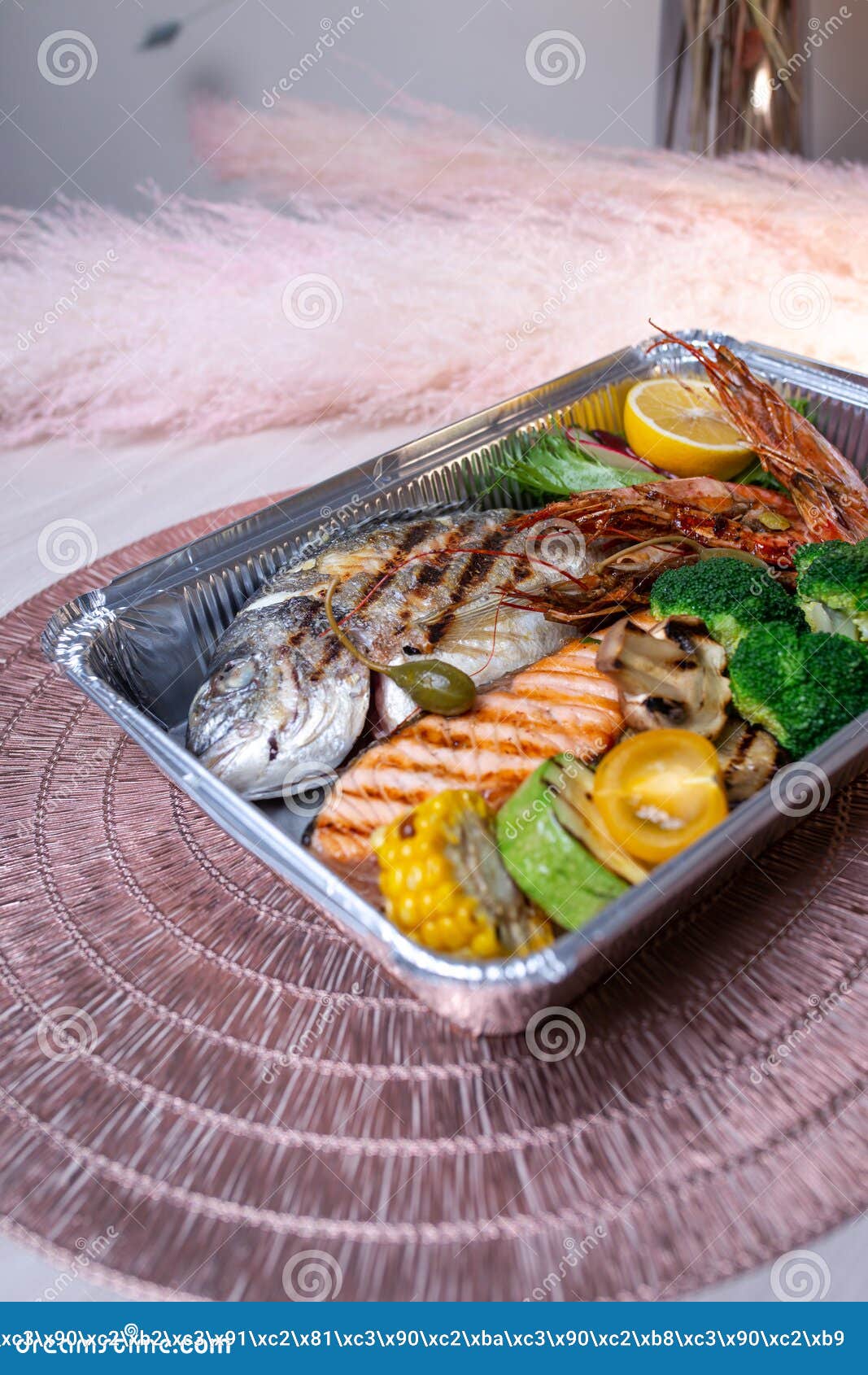Foil Packaging for Seafood Delivery with Vegetables Stock Image - Image ...