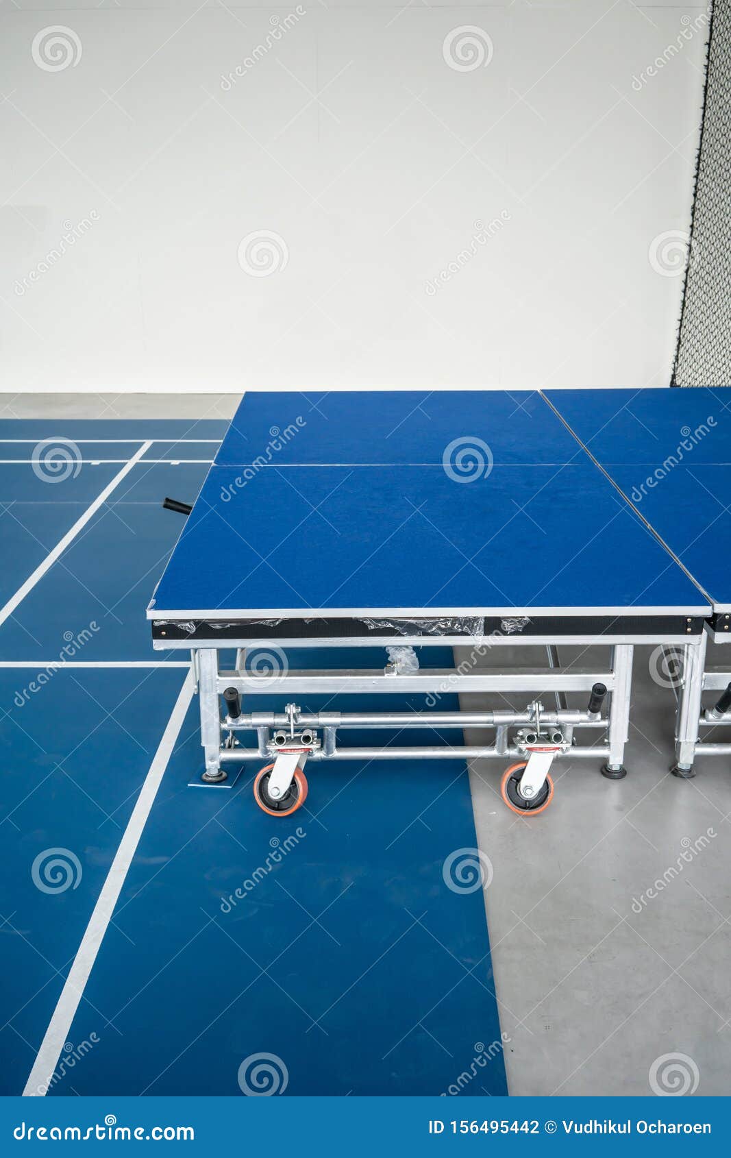 Stage with Blue Floor with Metal Structure and Orange Wheels Stock ...