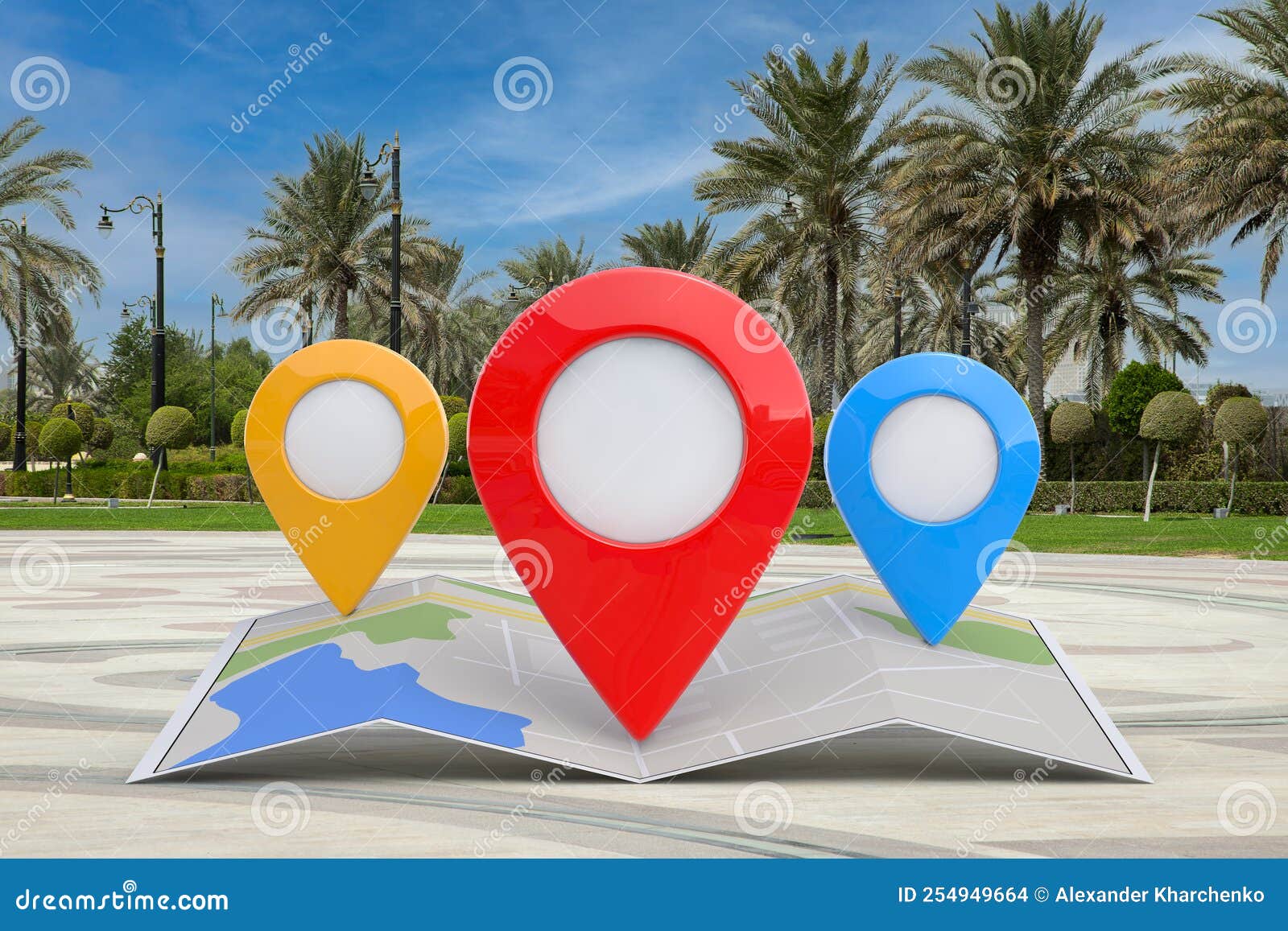 Folded Abstract Navigation Map with Three Target Map Pointer Pins on an ...