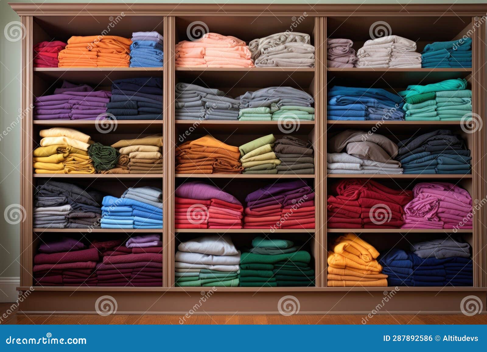 Folded Clothes Organized by Color on Shelves Stock Illustration ...