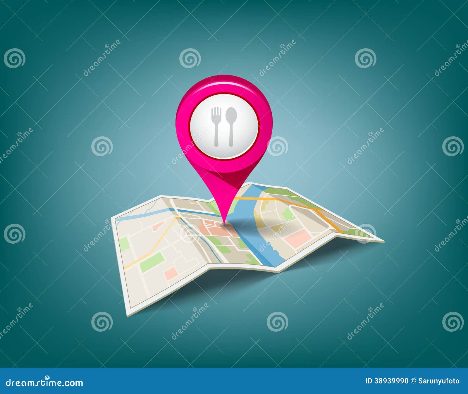 Folded Maps Vector With Red Color Point Markers, Restaurant Is Here ...
