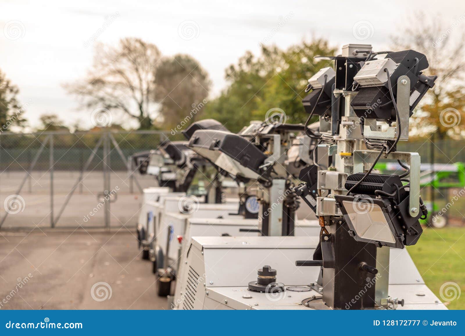 Folded Mobile Sport Stadium Lights Over Locked Field in England Stock ...