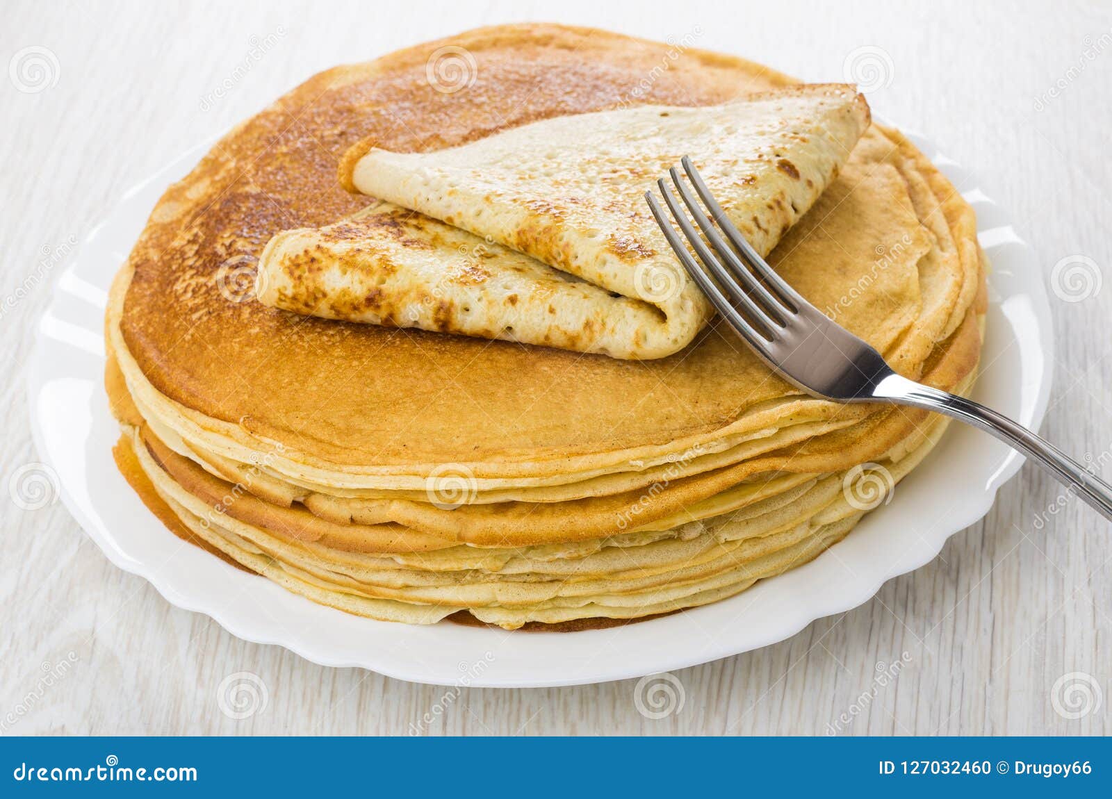 Folded Pancake on Stack of Russian Pancakes in Dish, Fork Stock Photo - Image of folded, wooden ...