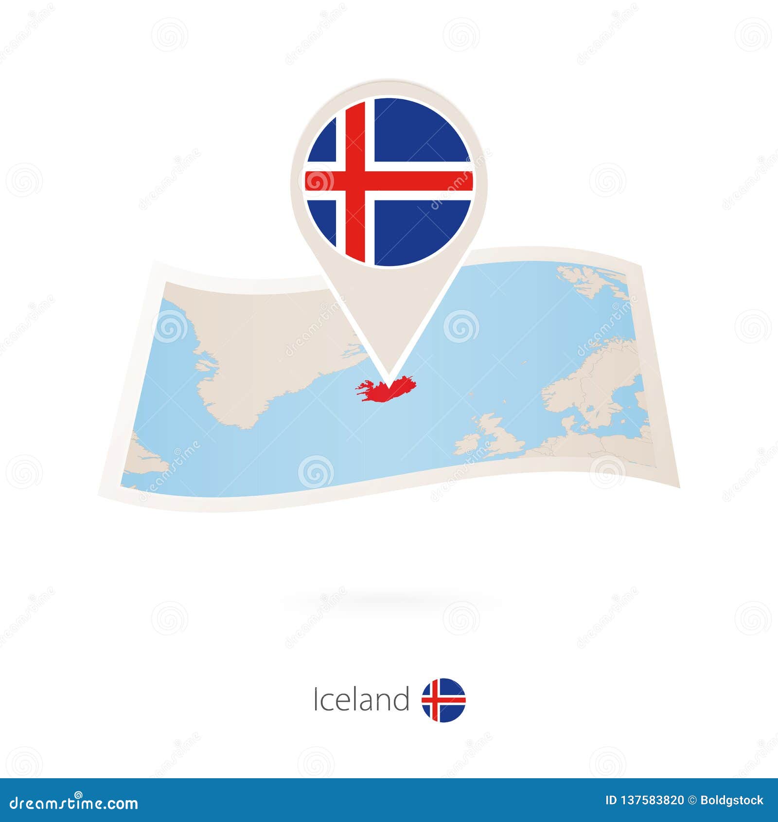 Folded Paper Map of Iceland with Flag Pin of Iceland Stock Vector ...