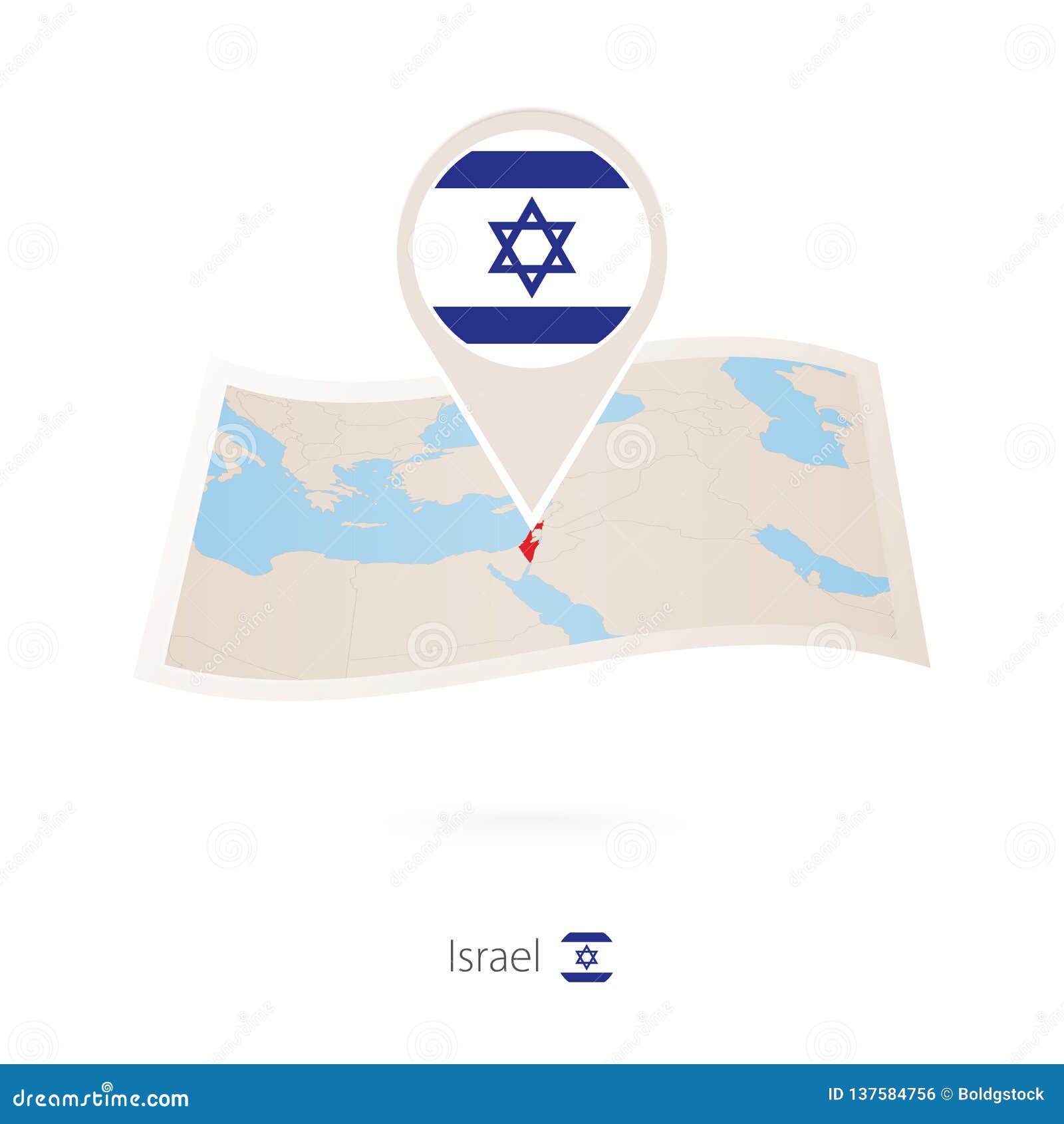 Folded Paper Map of Israel with Flag Pin of Israel Stock Vector ...