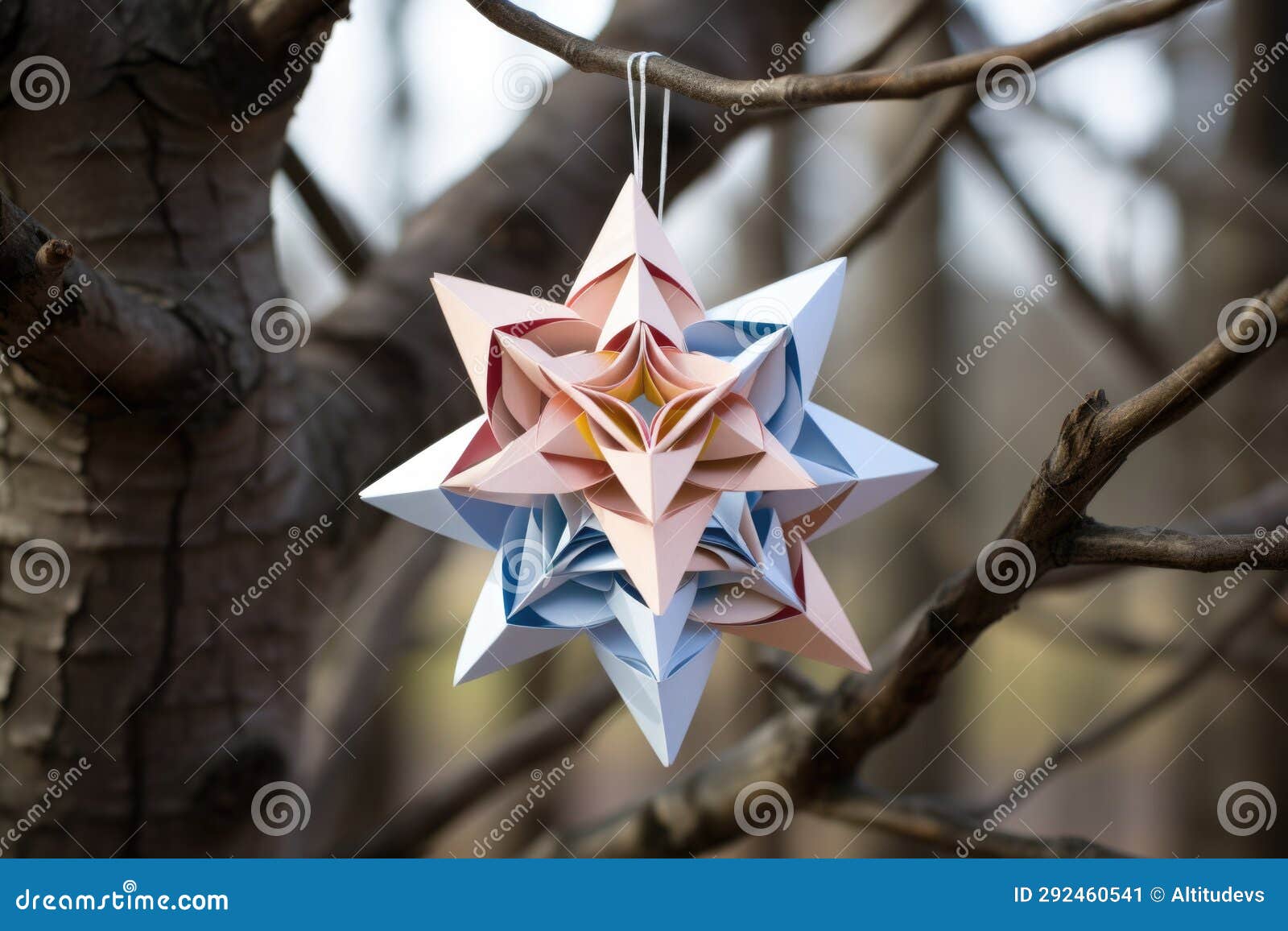Folded Paper Star of David Ornaments Hanging on Tree Branches Stock ...