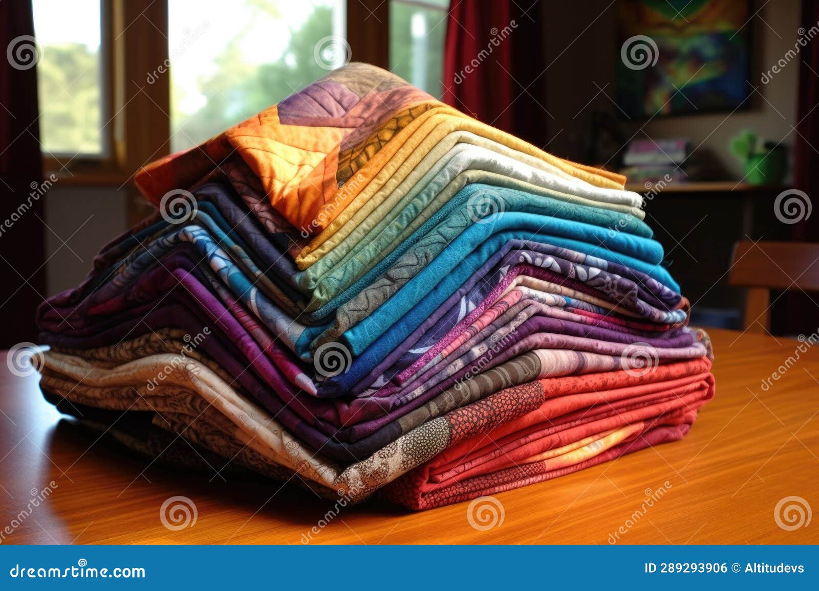 Folded Quilt Showcasing Various Fabric Patterns and Colors Stock Photo ...