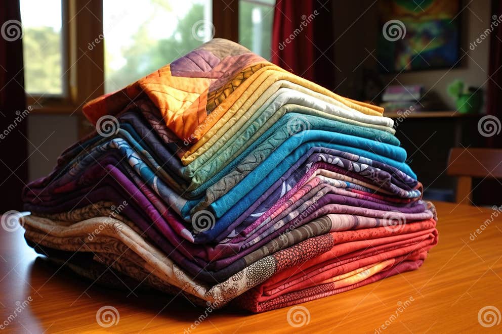 Folded Quilt Showcasing Various Fabric Patterns and Colors Stock Photo ...