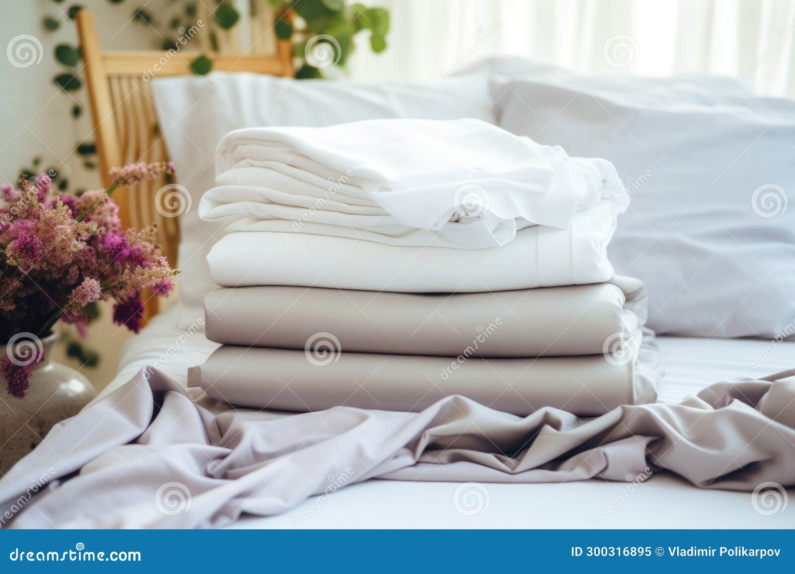 Folded Sheets Stack on Bed stock image. Image of laundry - 300316895