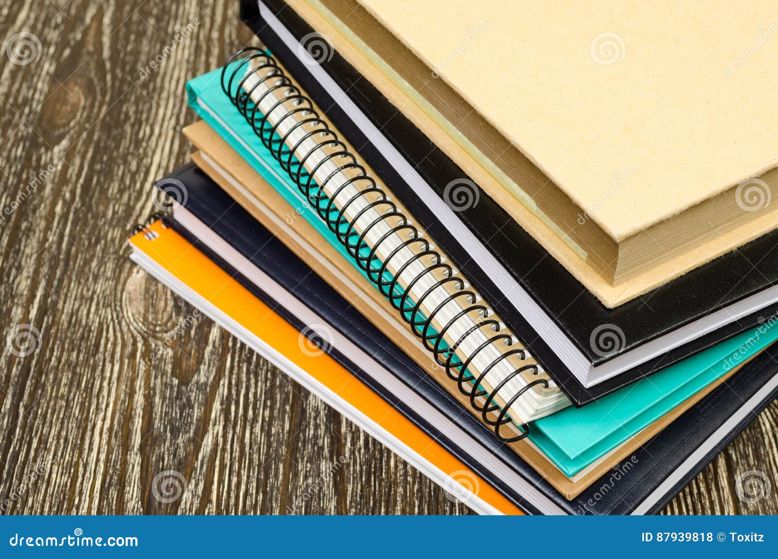 Stack Of Workbooks Pens Pencils Alarm Clock Red Apple On Vintage ...