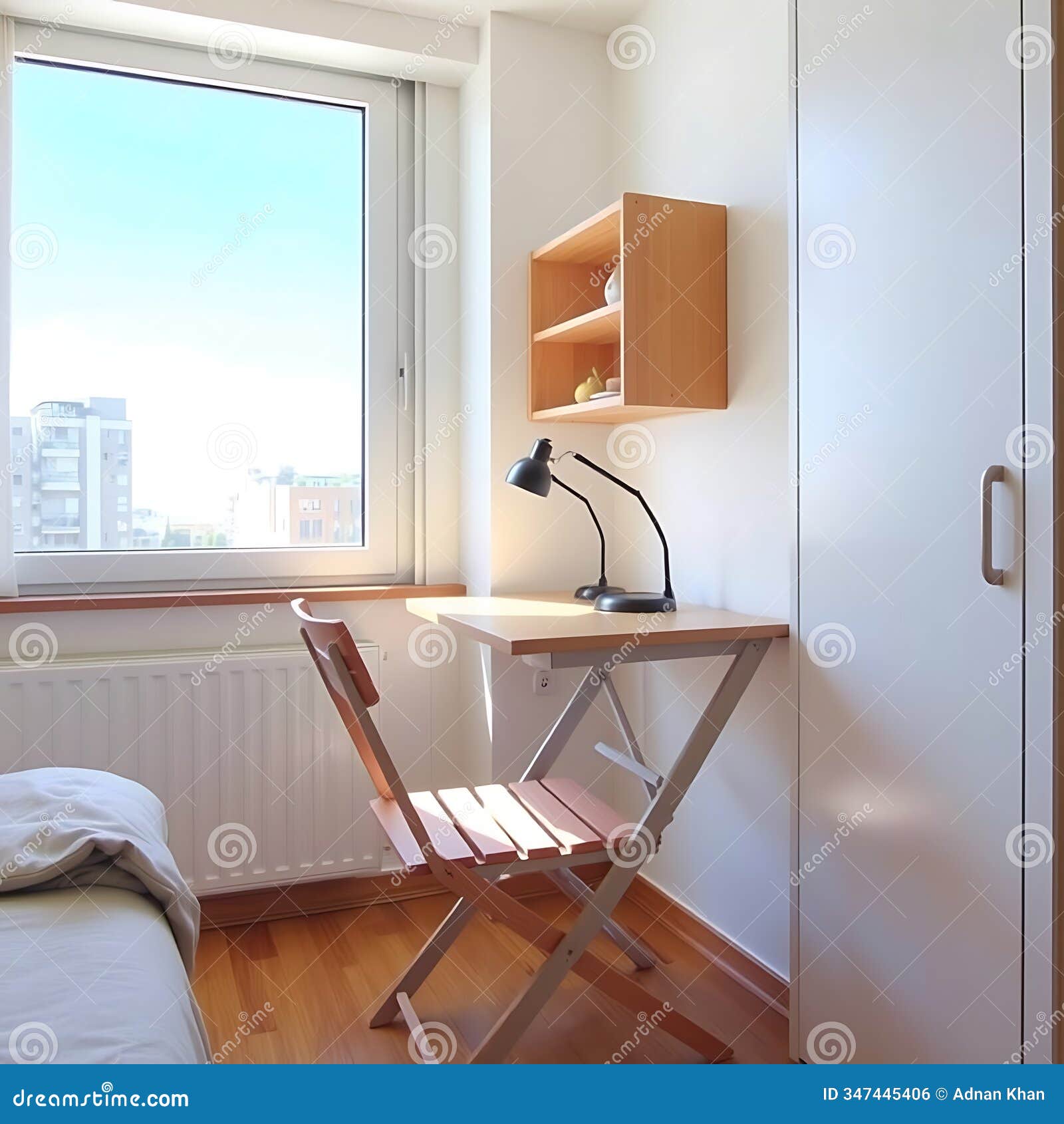 Folded Up Folding Desk and Chair in a Compact Studio Apartment with a ...