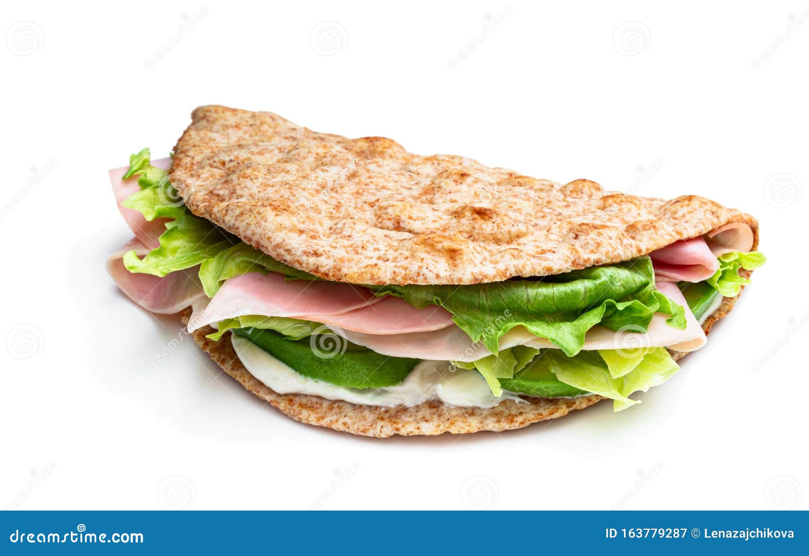 Folded Wholemeal Flatbread with Ham and Vegetables Isolated on White ...