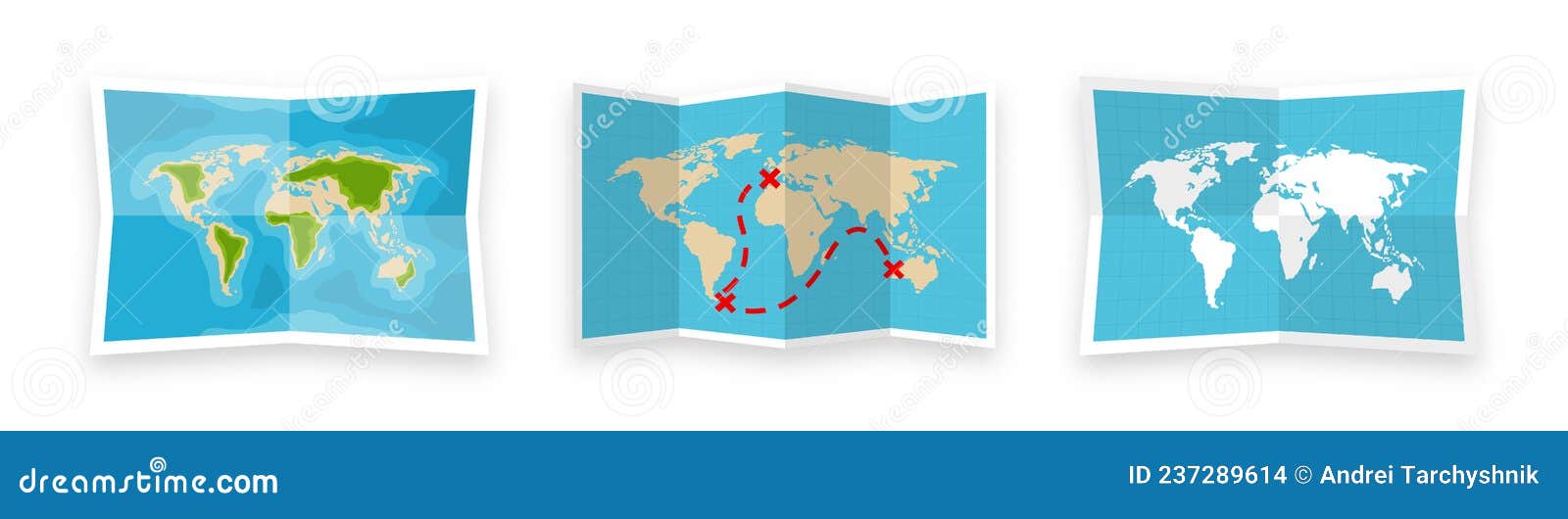 Folded World Maps in a Flat Style. Simplified Paper Map with Shadow ...