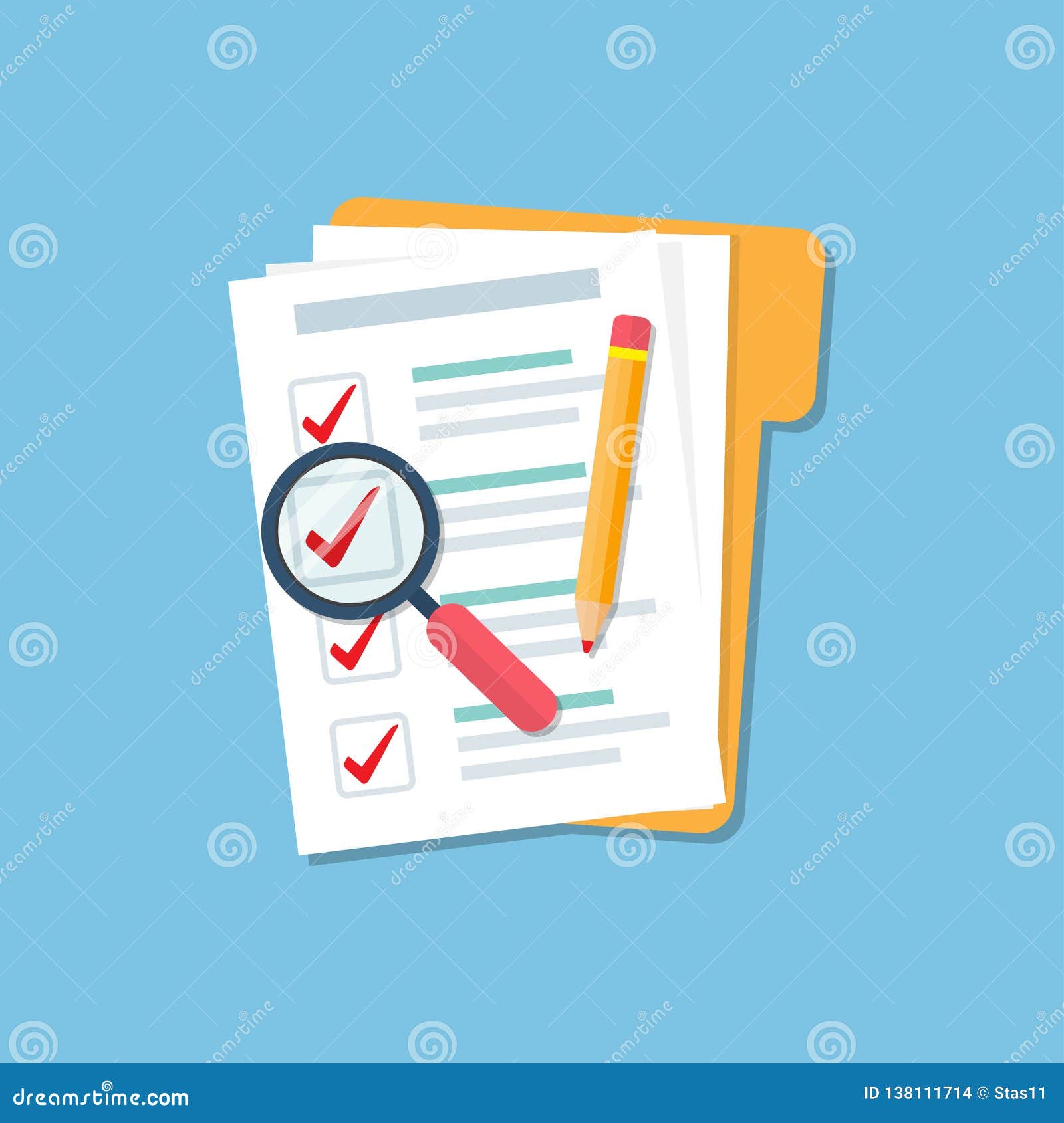 Folder with Document Checklist, Magnify Glass and Pencil in a Flat ...