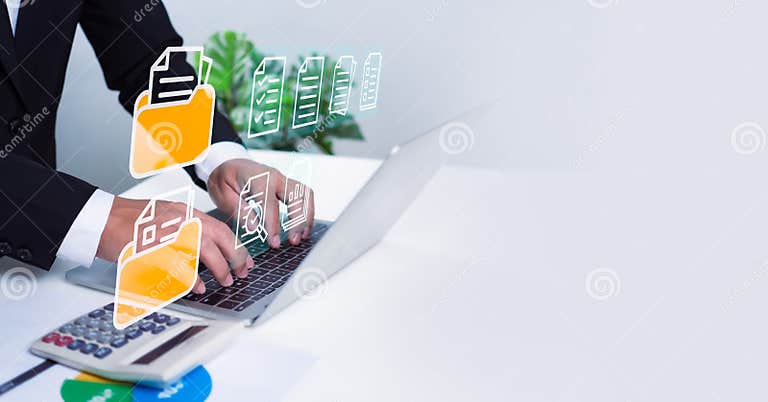 Folder Document Management System Dms Open File Folder With Flying Blank Documents With Computer