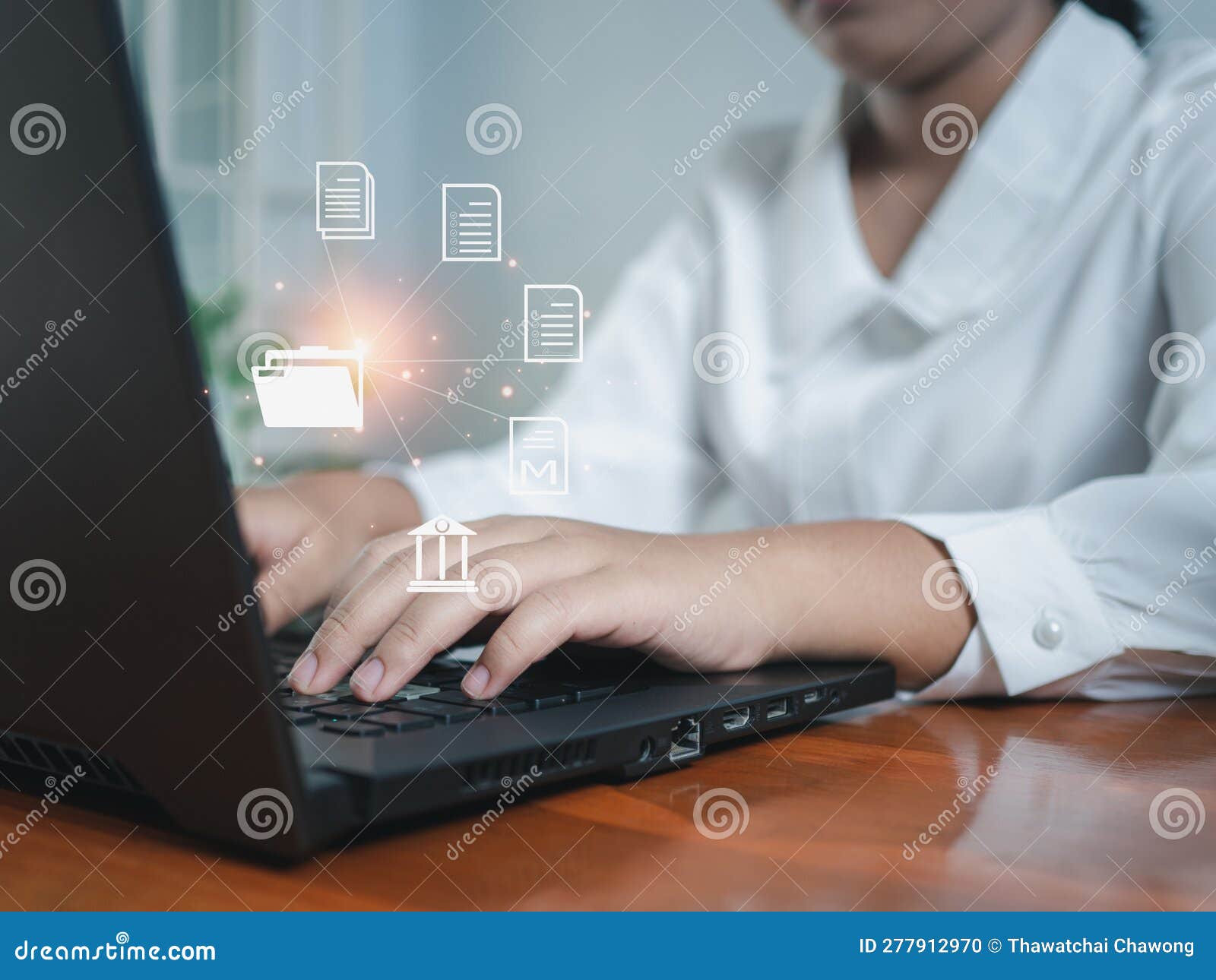 Folder Document Management System DMS Open File Folder with Flying Blank Documents with Computer ...