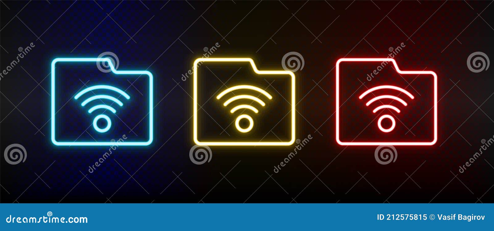 Folder, Storage, Wireless Neon Icon Set. Set of Red, Blue, Yellow Neon ...