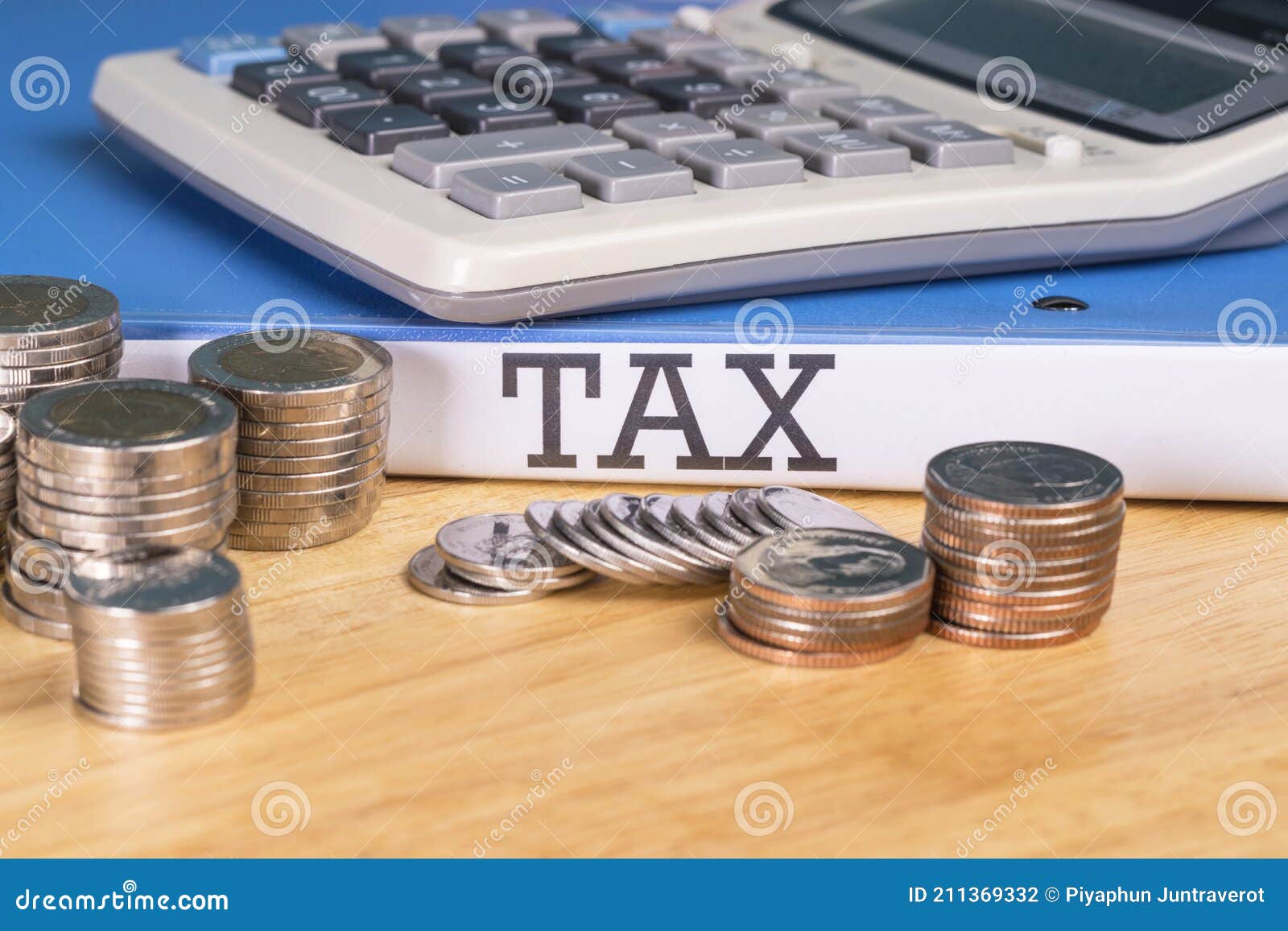 Folder Tax Documents and Stack of Coin with Calculator Concept Annual ...