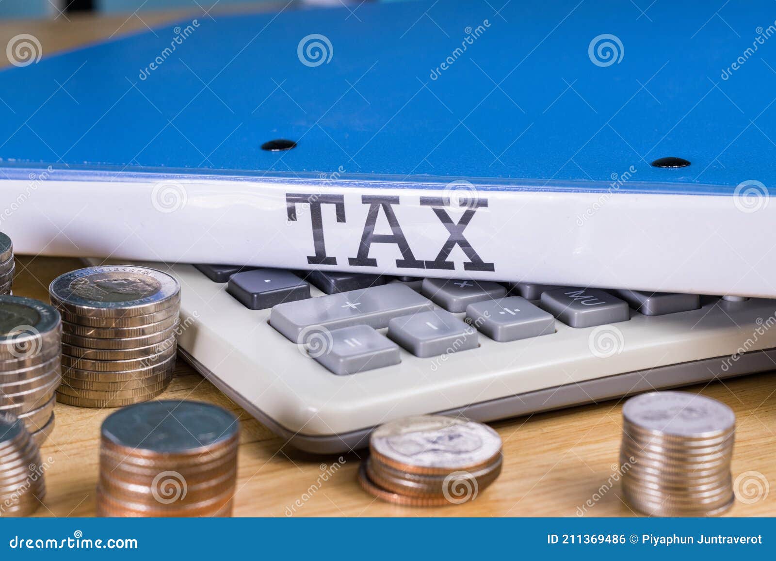 Folder Tax Documents and Stack of Coin with Calculator, Concept Annual ...