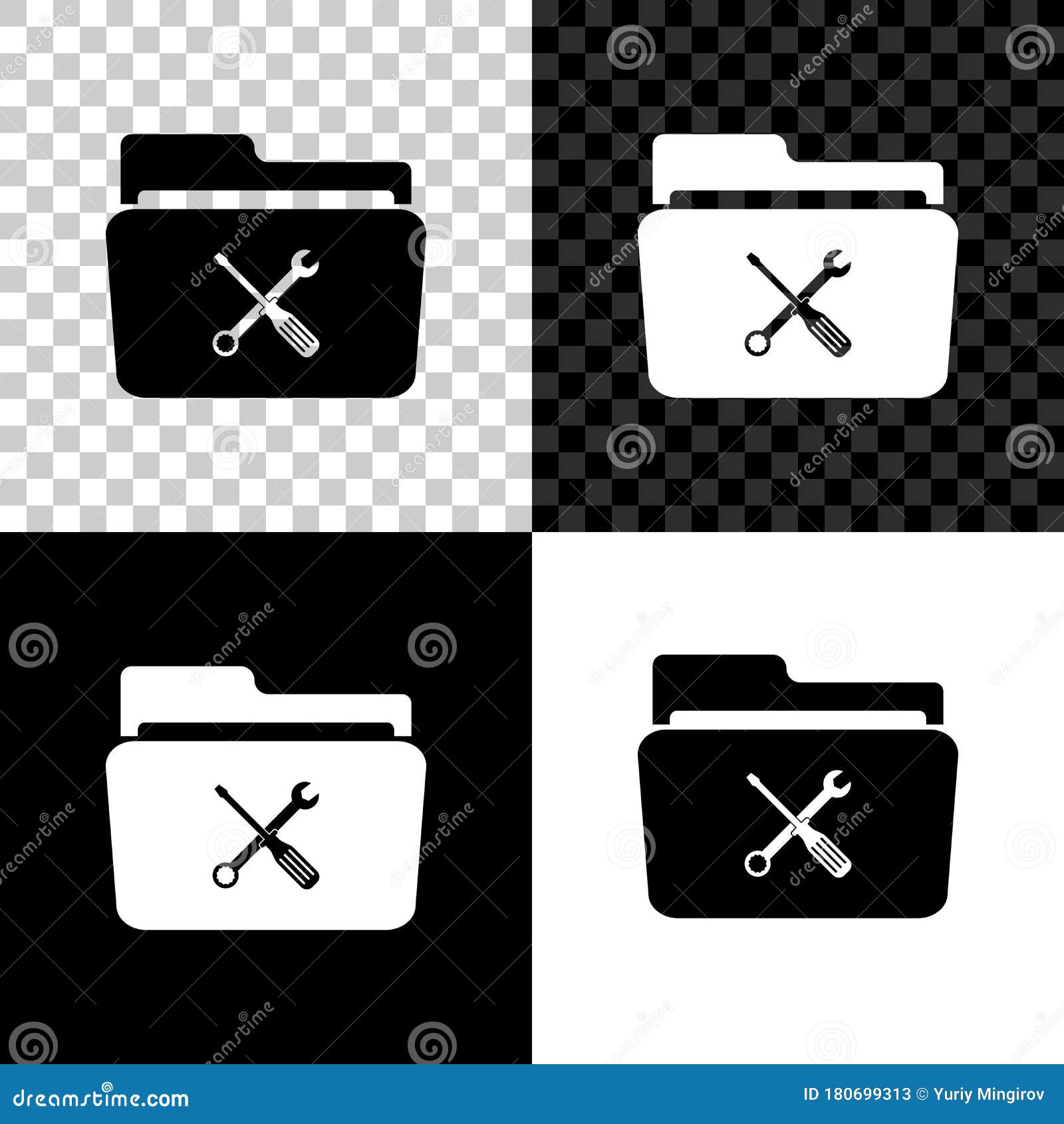 Folder and Tools or Settings Icon Isolated on Black, White and ...