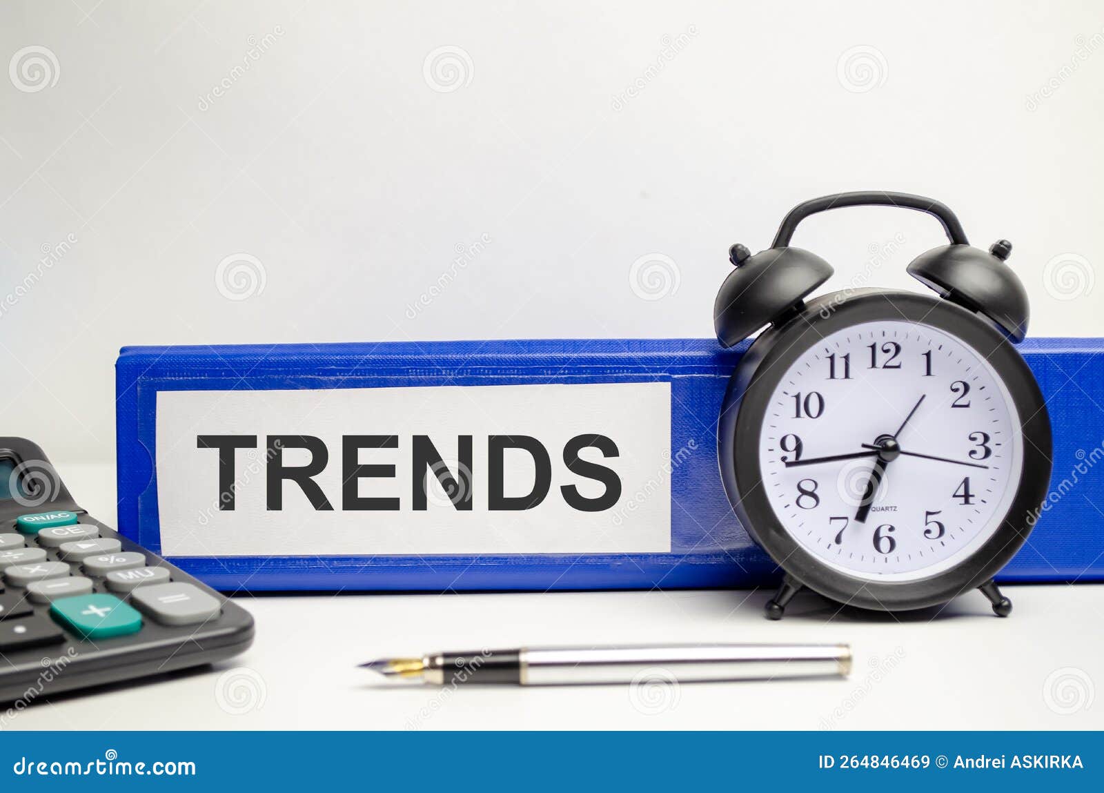 Folder with Trends 2023 and Alarm Clock with Calculator Stock Image ...