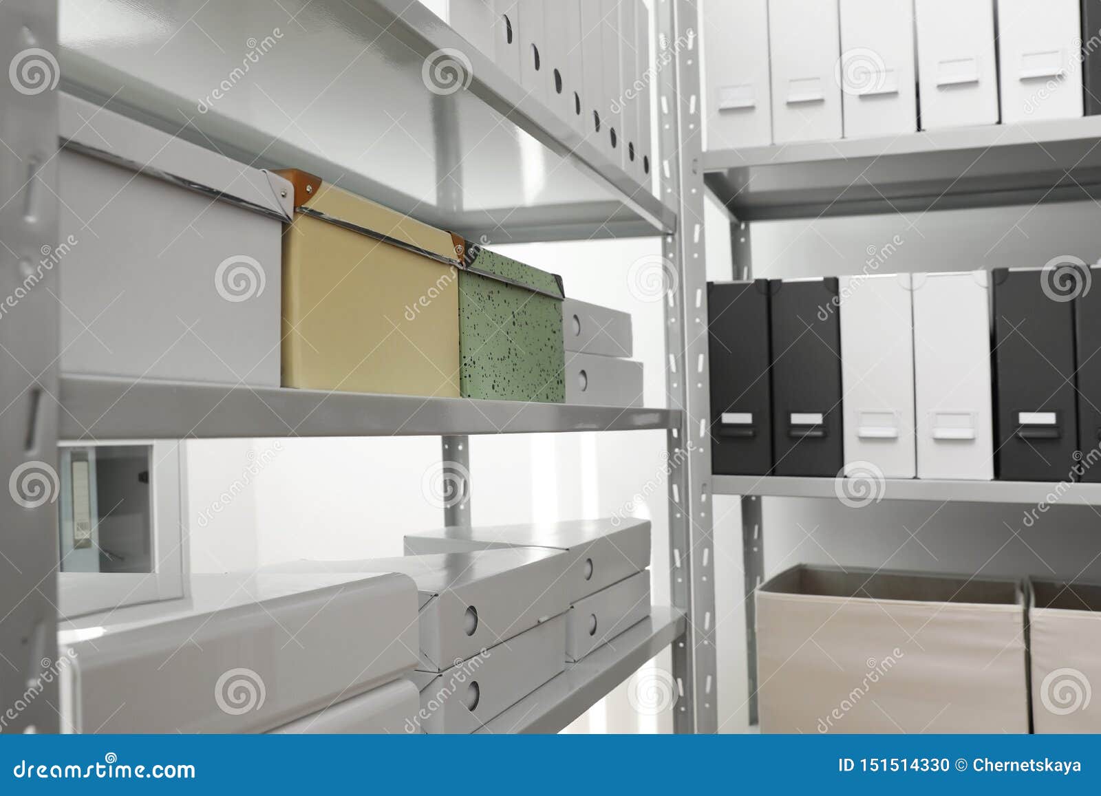 Folders and Boxes with Documents on Shelves Stock Photo - Image of ...