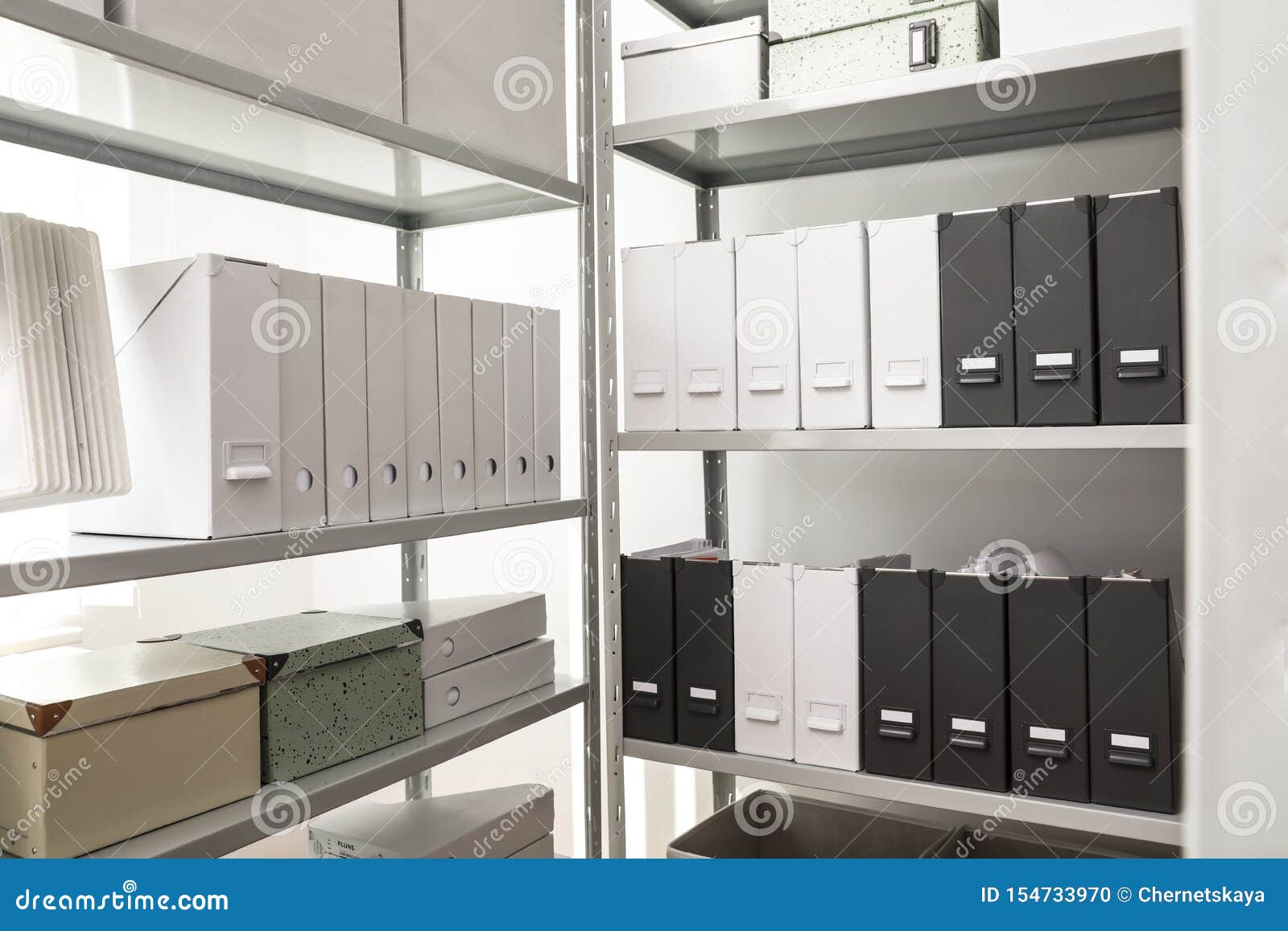 Folders and Boxes with Documents on Shelves Stock Photo - Image of ...