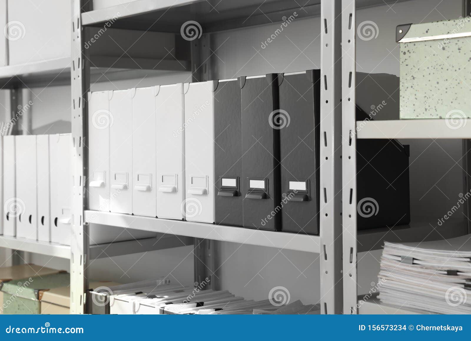 Folders and Boxes with Documents on Shelves Stock Photo - Image of ...