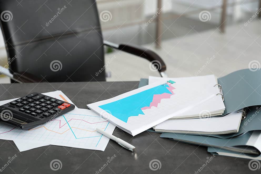 Folders with Documents and Calculator on Office Stock Image - Image of ...