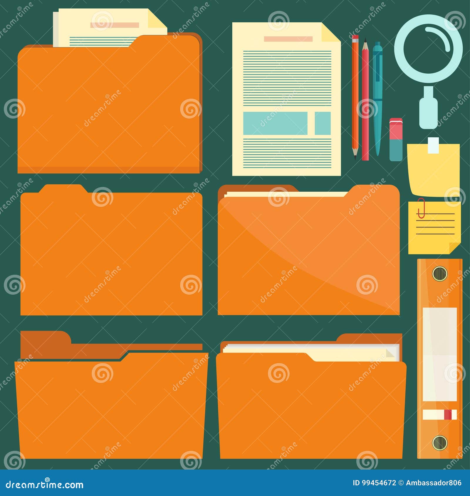 Folders with Pen, Pencil and Note Reminder Sticker, Office Document ...