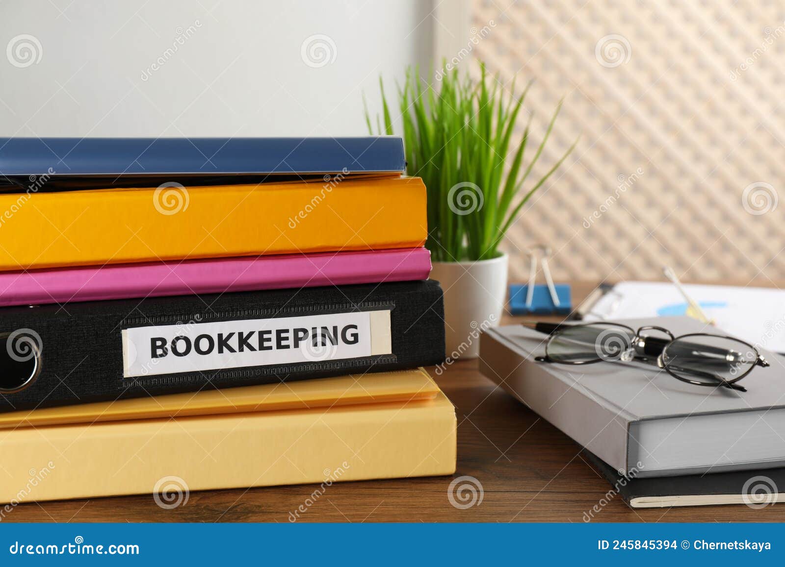 Folders and Stationery on Desk in Office. Bookkeeper`s Workplace Stock ...