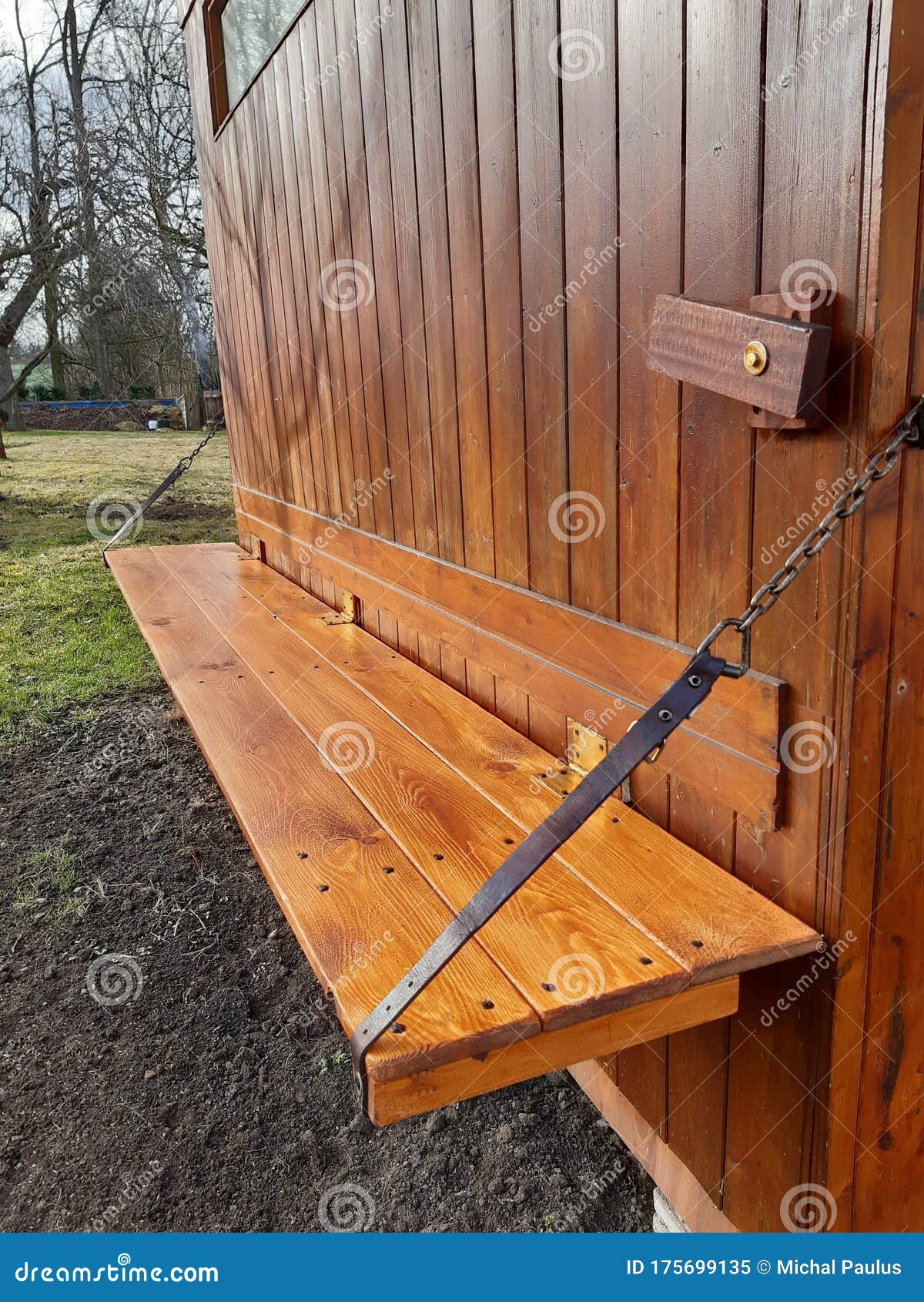 Folding Bench of Garden House Made of Wood N with Chains Stock Image ...