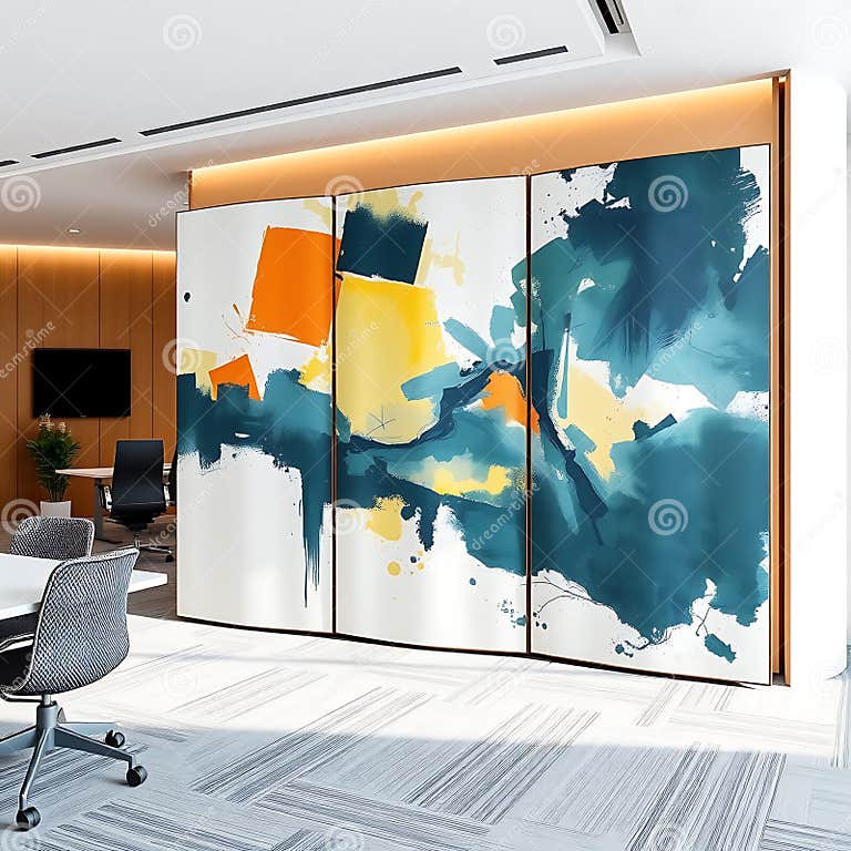 A Folding Canvas Partition Screen with Abstract Art in a Modern Office ...