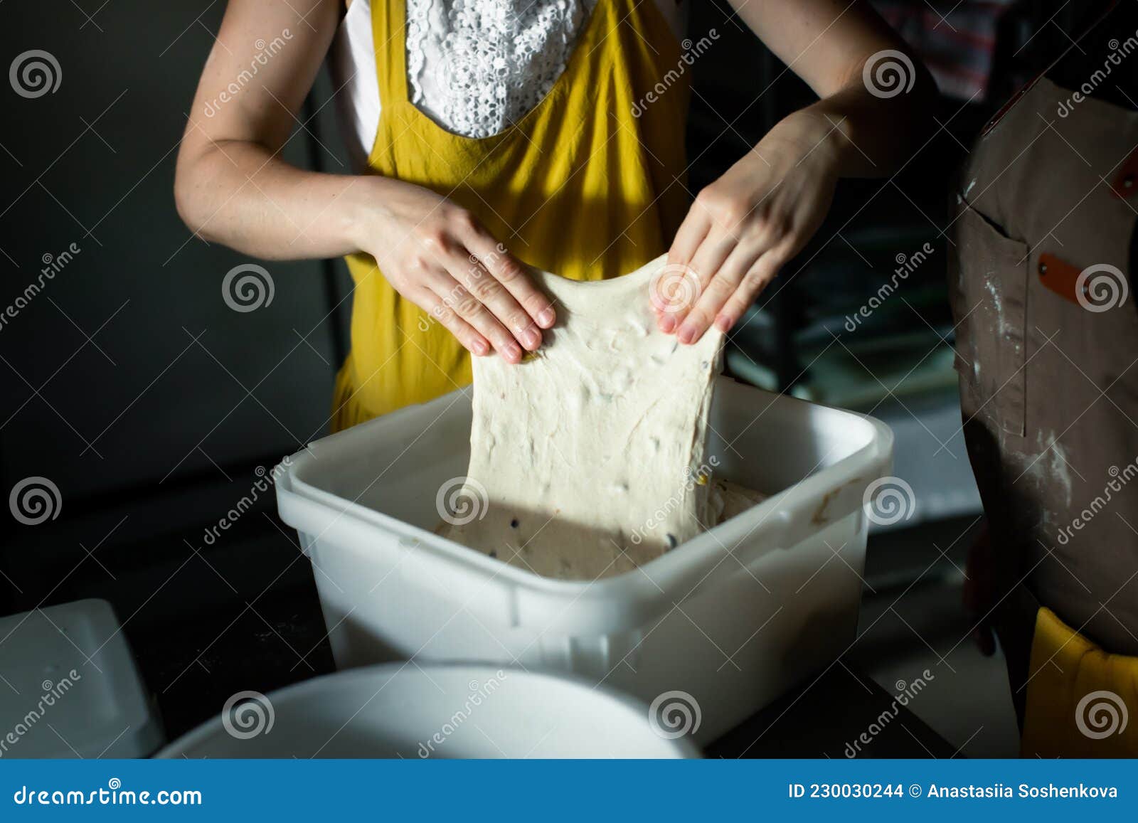 Folding the Dough in a Container in a Bakery Stock Photo - Image of ...