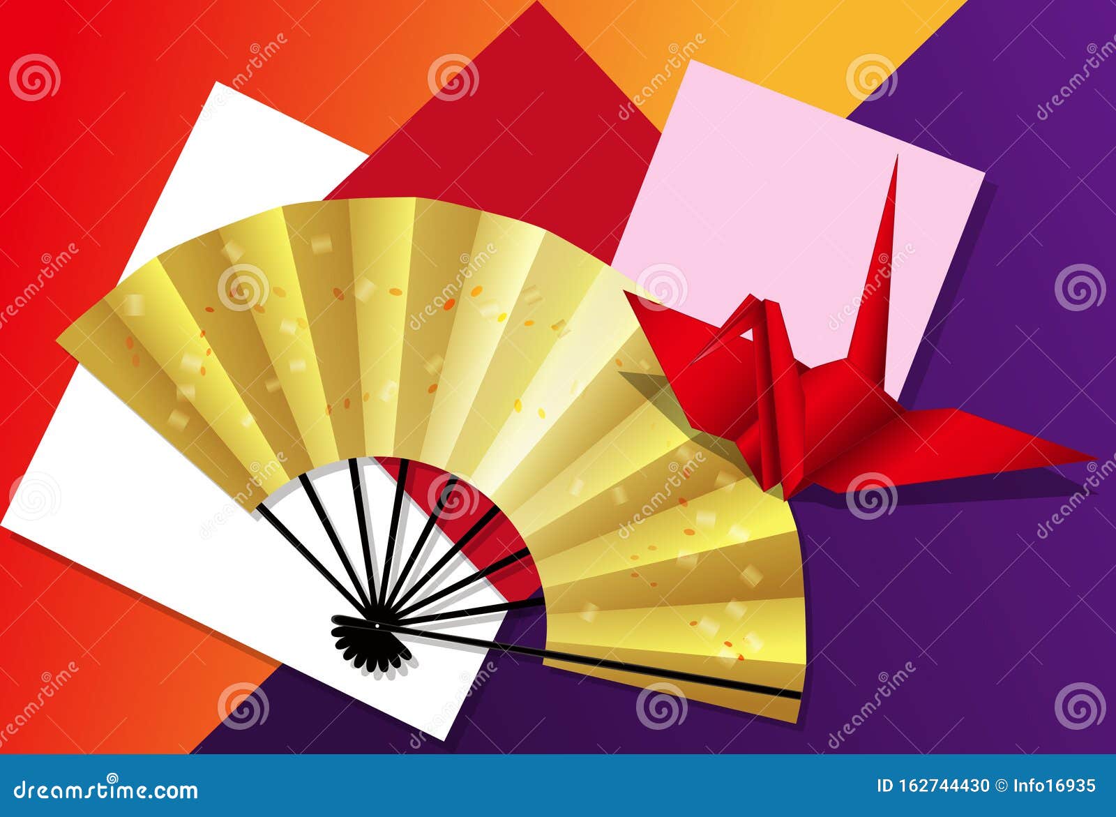 Folding Fan and Crane Origami Postcard 02 Stock Vector - Illustration ...