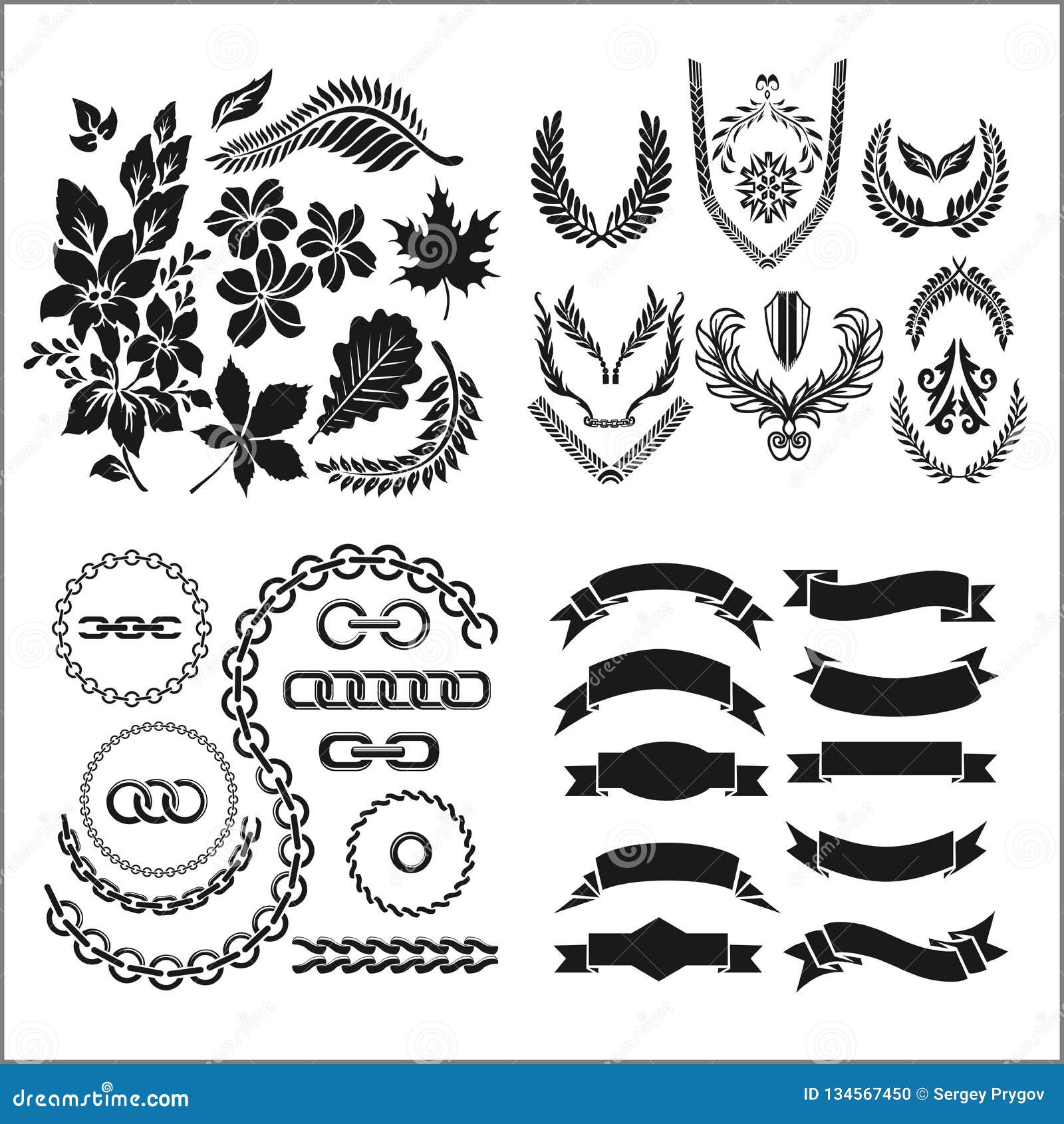 Foliage and Chains, Ribbons, Emblems and Wreaths - Vector Set Stock ...
