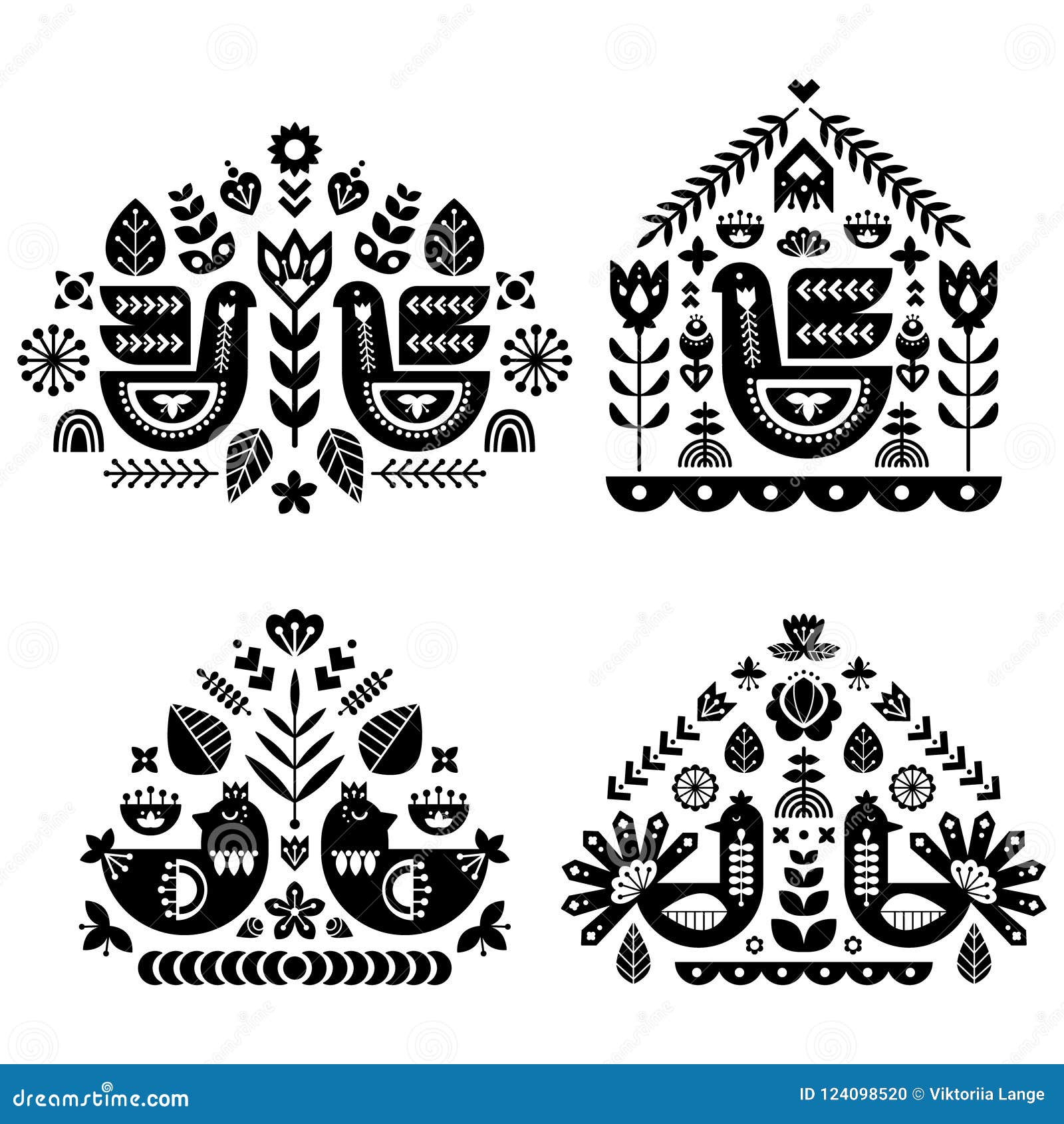 Folk Art Pattern Collection with Four Single Pattern. Monochrome ...