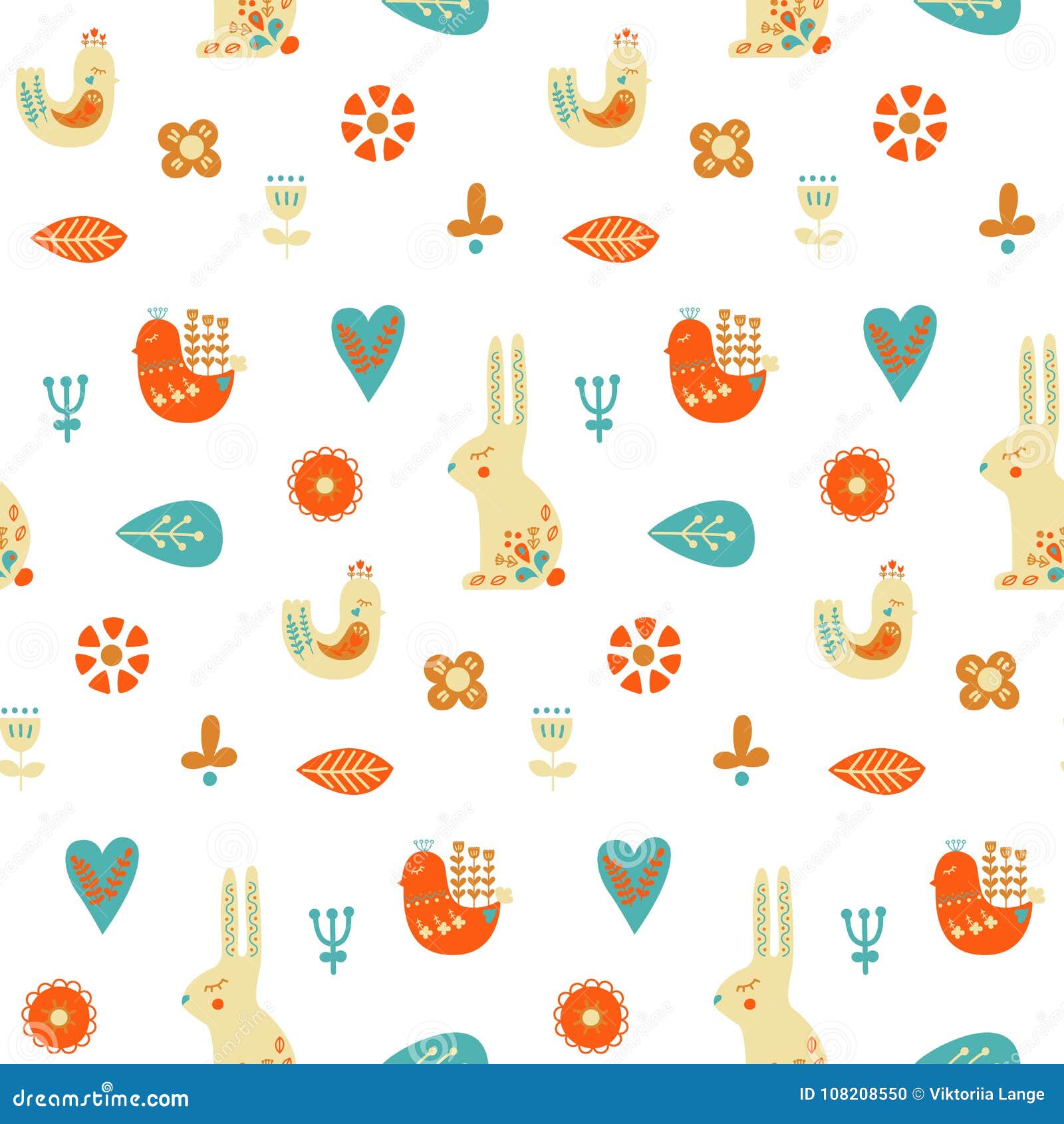 Folk Art Seamless Pattern with Rabbit, Bird and Decorative Elements ... Folk Art Seamless Pattern with Rabbit, Bird and Decorative Elements ...