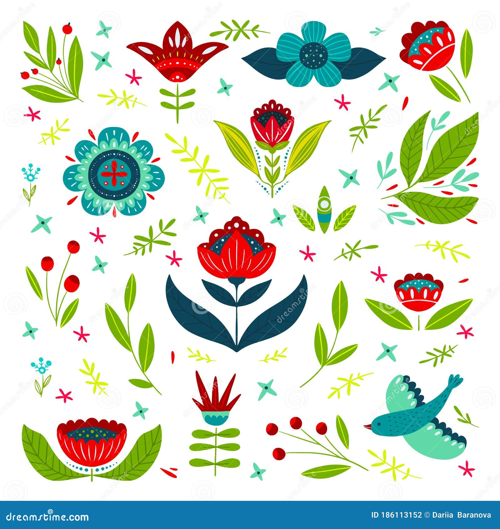 Folk Art Set with Different Flowers in Hand Drawn Style Isolated on ...