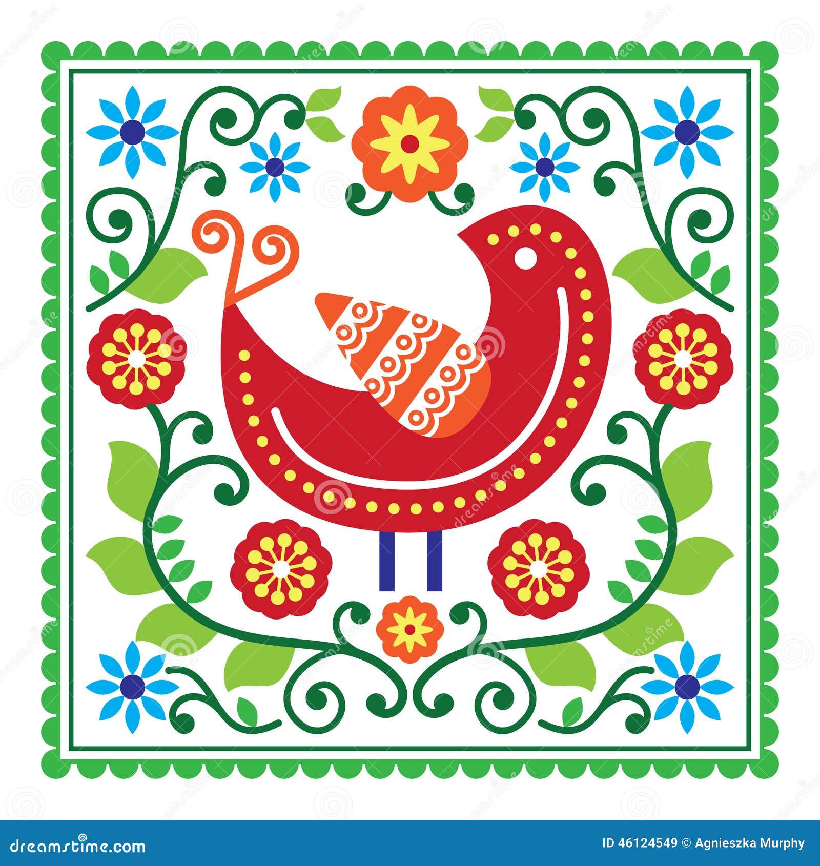 Folk Art Vector Pattern with Bird and Flowers Stock Vector ...