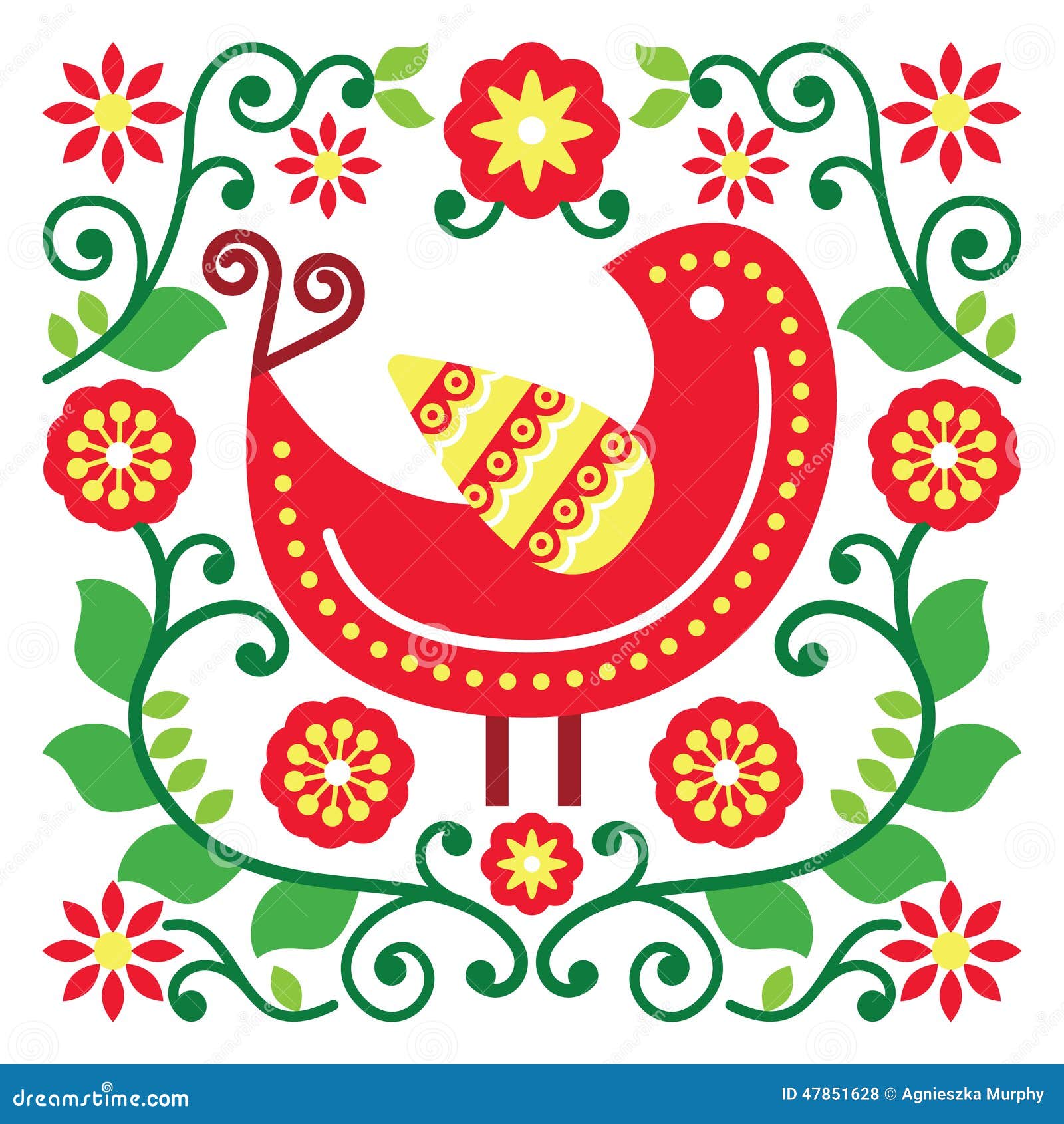 Folk Art Vector Pattern with Bird and Flowers Stock Vector ...