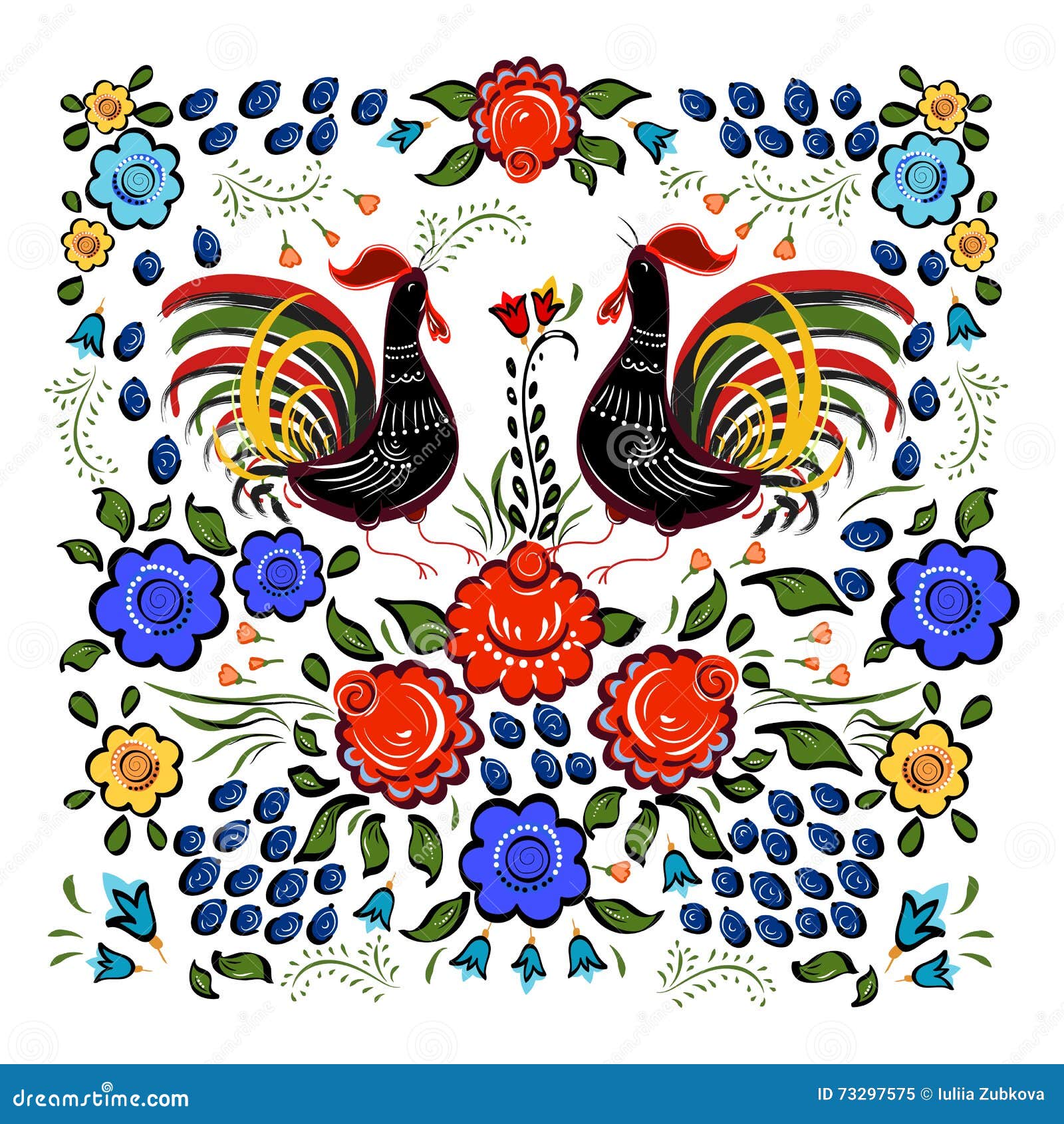 Folk Background.Colorful Flowers and Leafs with on White Stock ...
