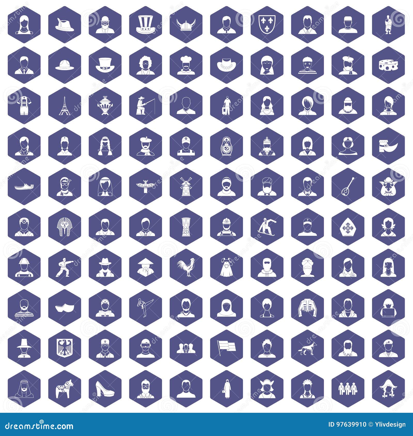100 Folk Icons Hexagon Purple Stock Vector - Illustration of king ...