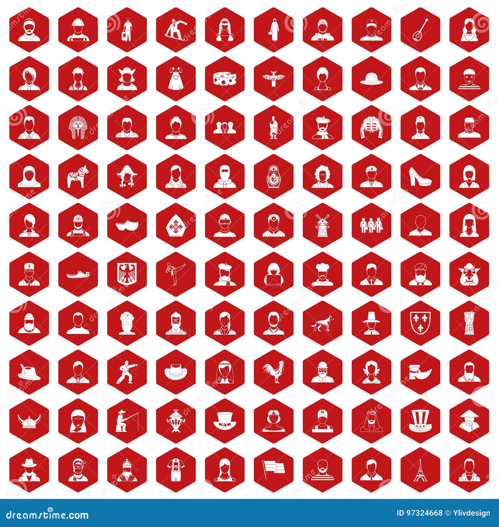 100 folk icons hexagon red stock vector. Illustration of children ...