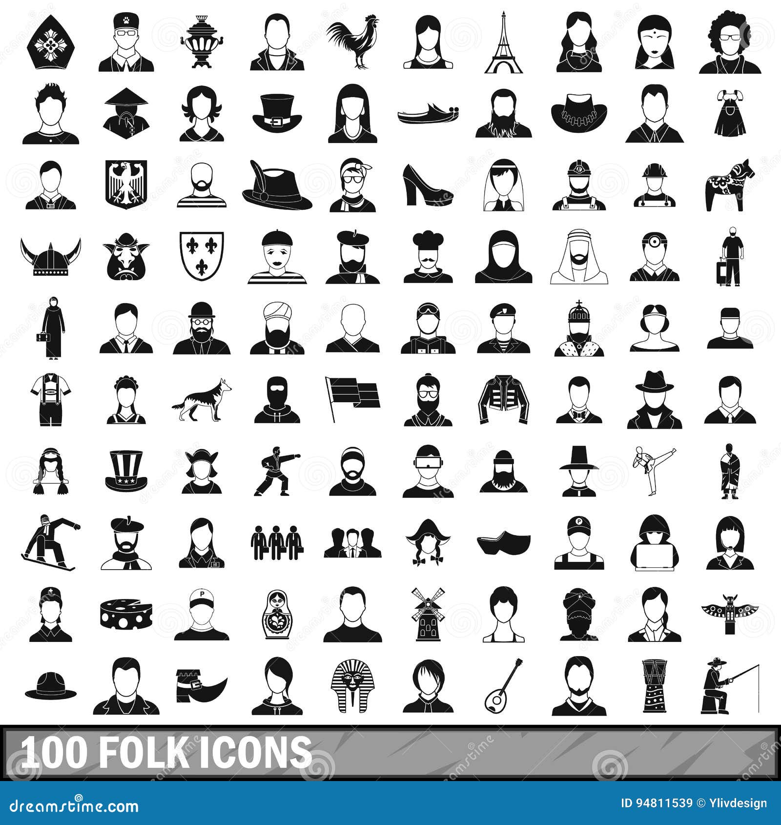 100 Folk Icons Set, Simple Style Stock Vector - Illustration of food ...