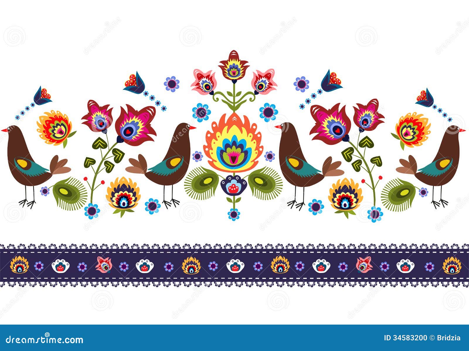 Folk Pattern with Birds stock vector. Illustration of design - 34583200
