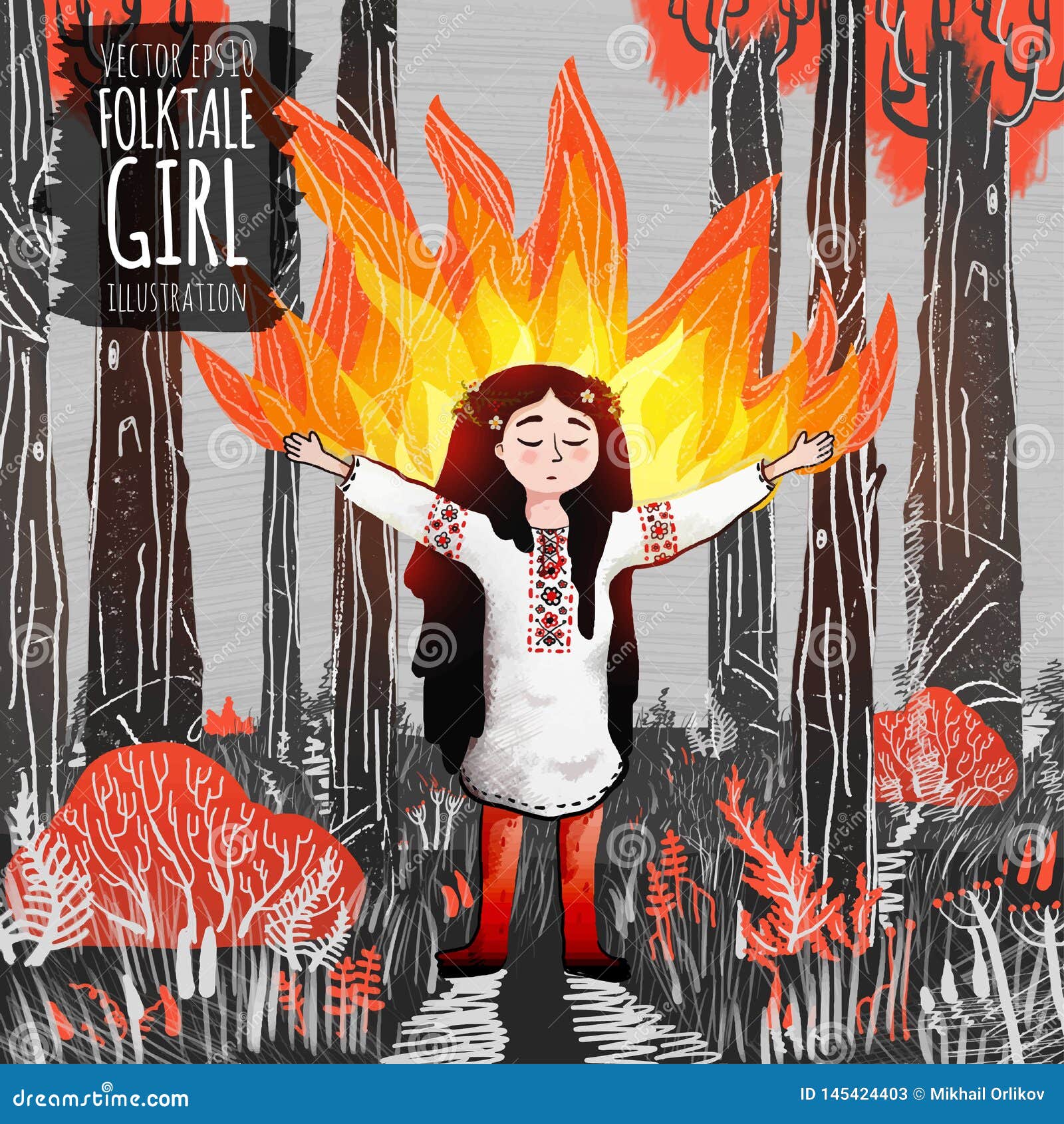 Folk Tale Girl Practicing Fire Magic in Red Forest. Vector Multicolored ...