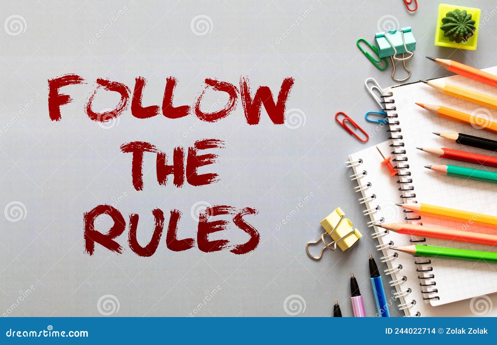 Follow the Rules Text Written on a Notebook with Pencils Stock Photo ...