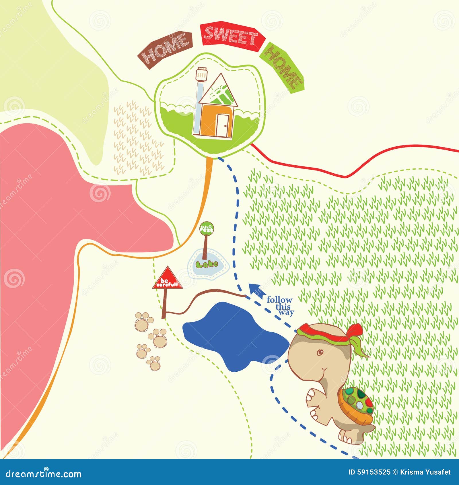 Follow Turtle Going Home with Map Stock Illustration - Illustration of ...